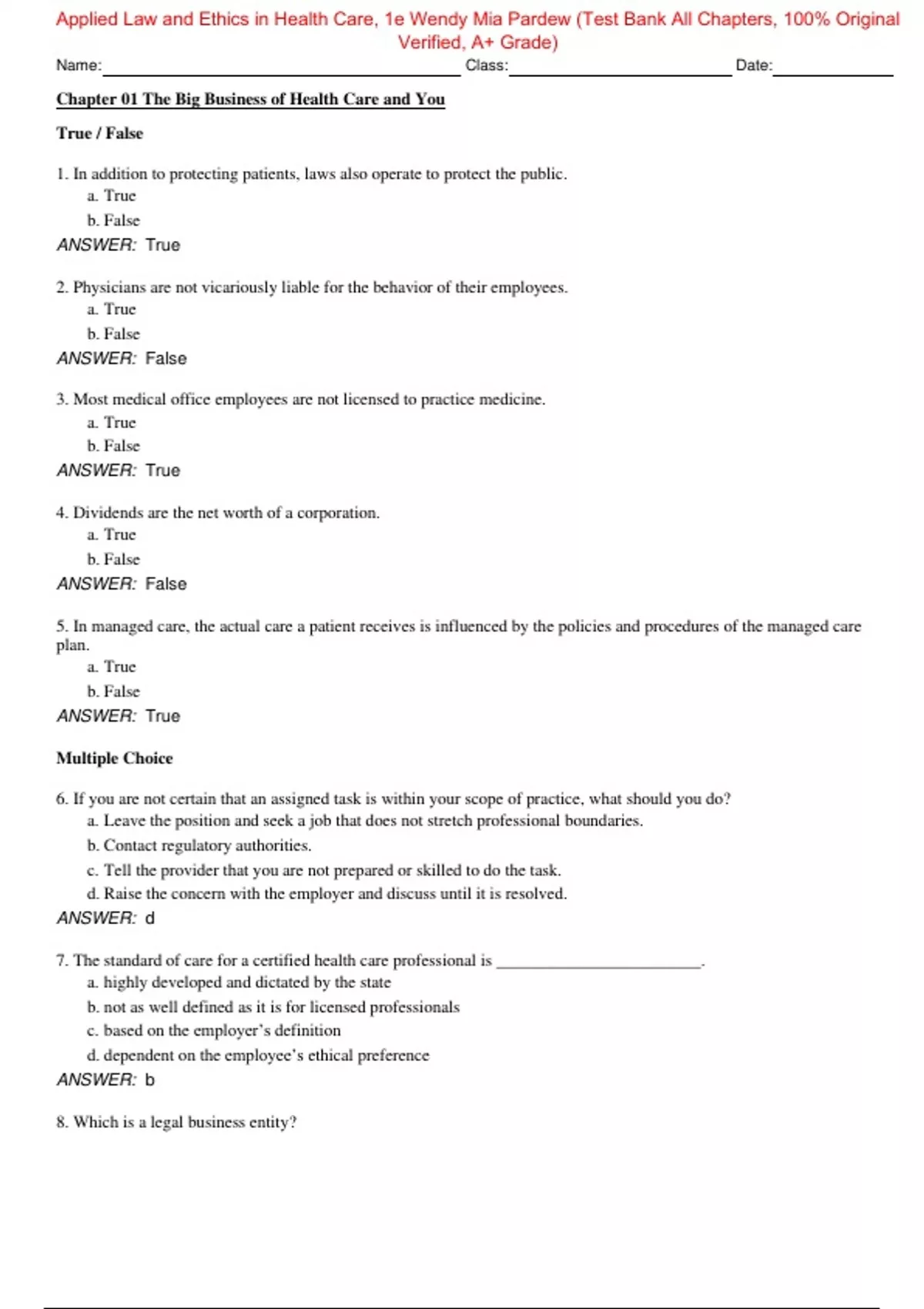 Test Bank for Applied Law and Ethics in Health Care 1st Edition By ...