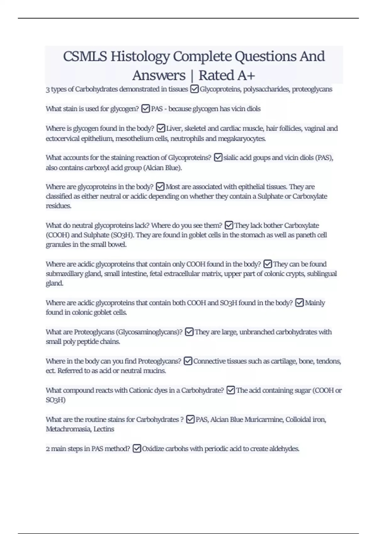 CSMLS Histology Complete Questions And Answers | Rated A+ - CSMLS ...