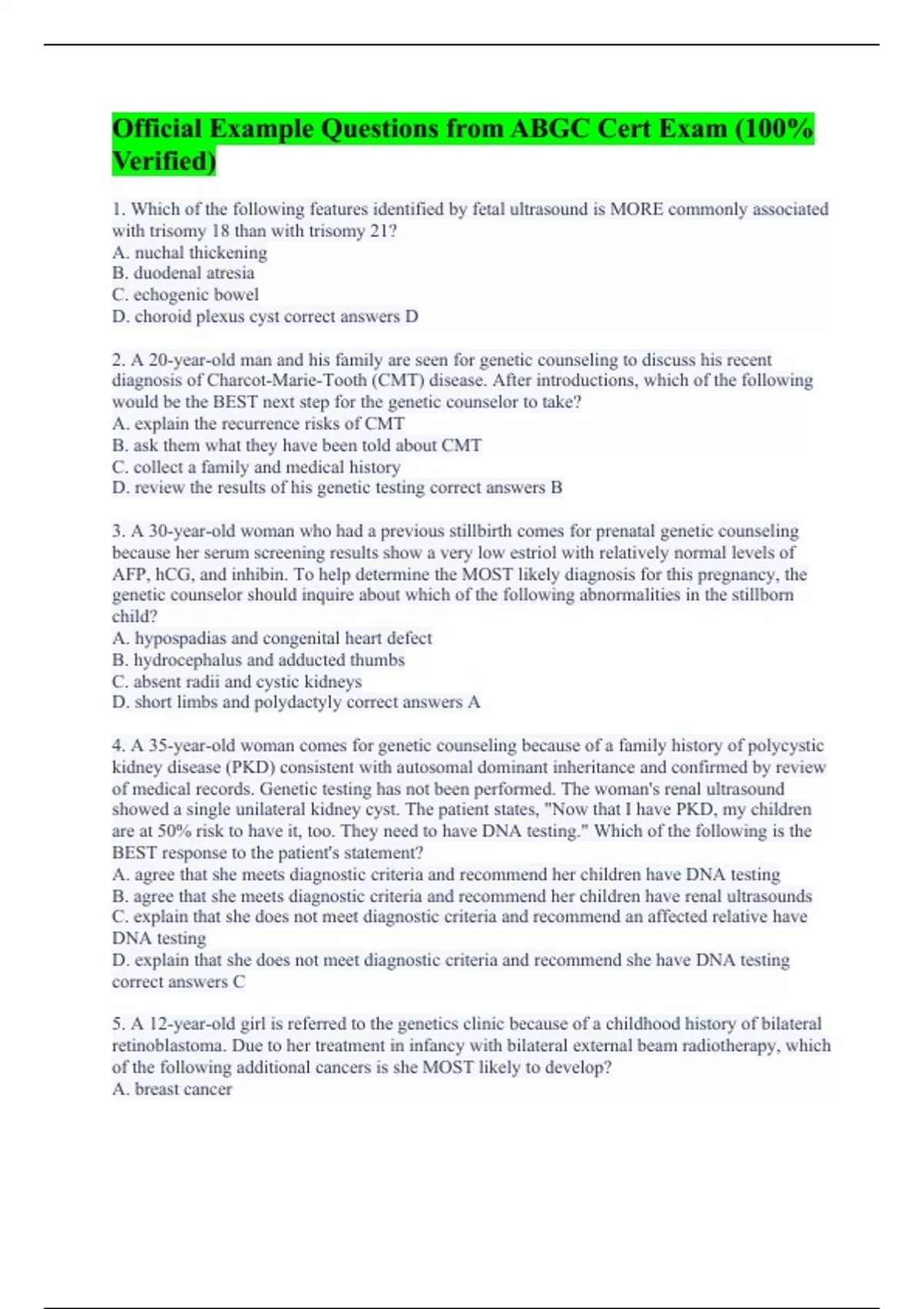 Official Example Questions from ABGC Cert Exam (100% Verified) - ABGC ...