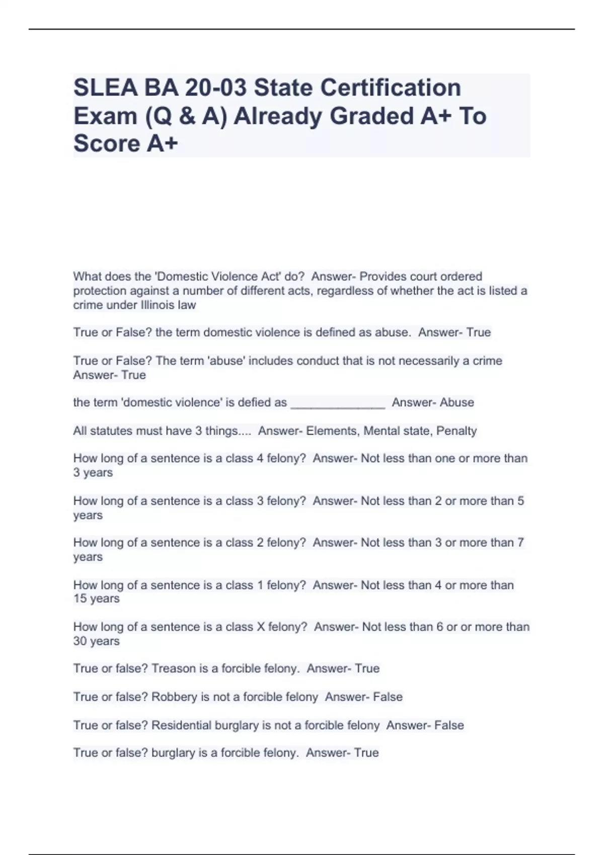 SLEA BA 20-03 State Certification Exam (Q & A) Already Graded A+ To ...