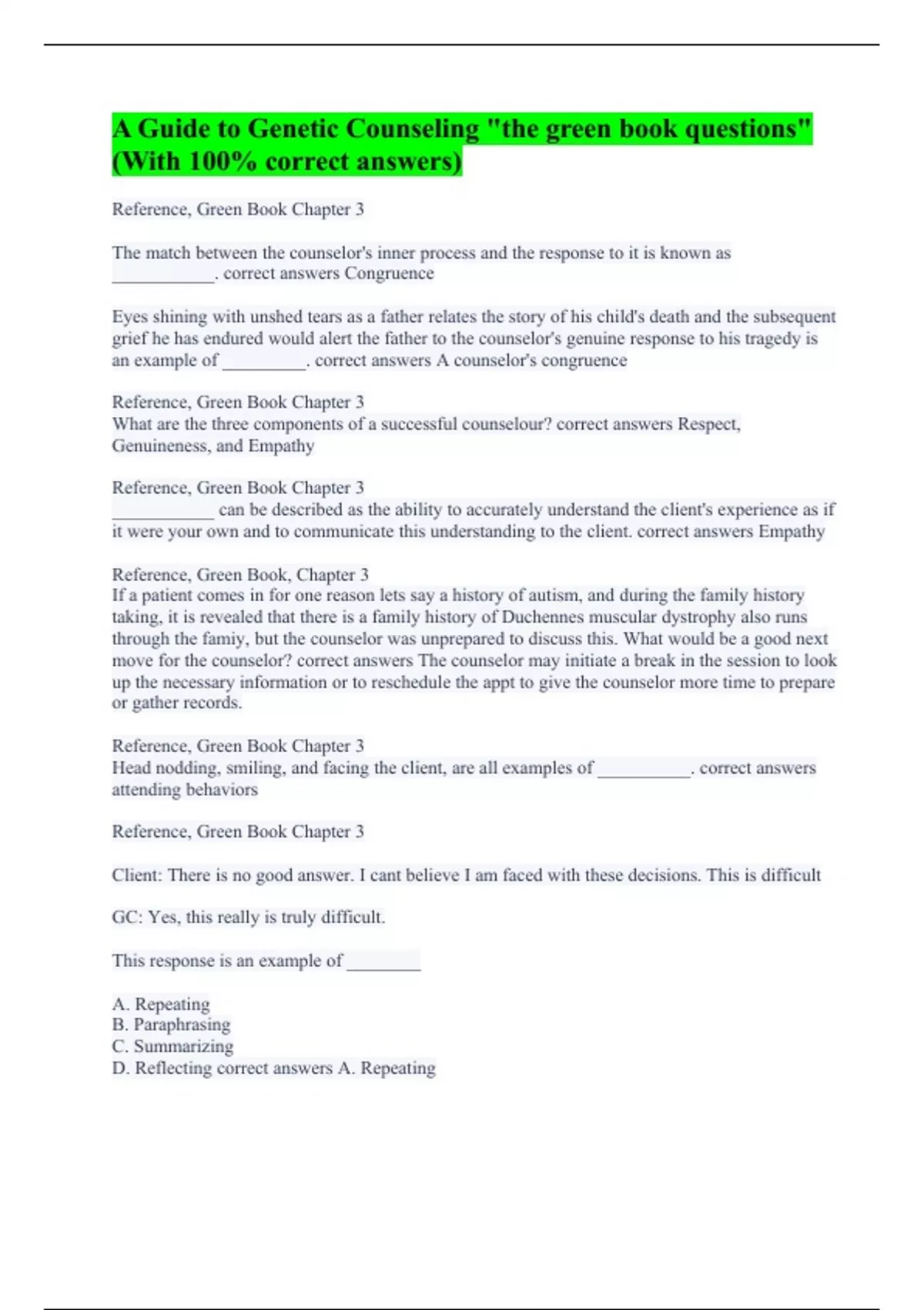 A Guide to Genetic Counseling "the green book questions" (With 100% ...