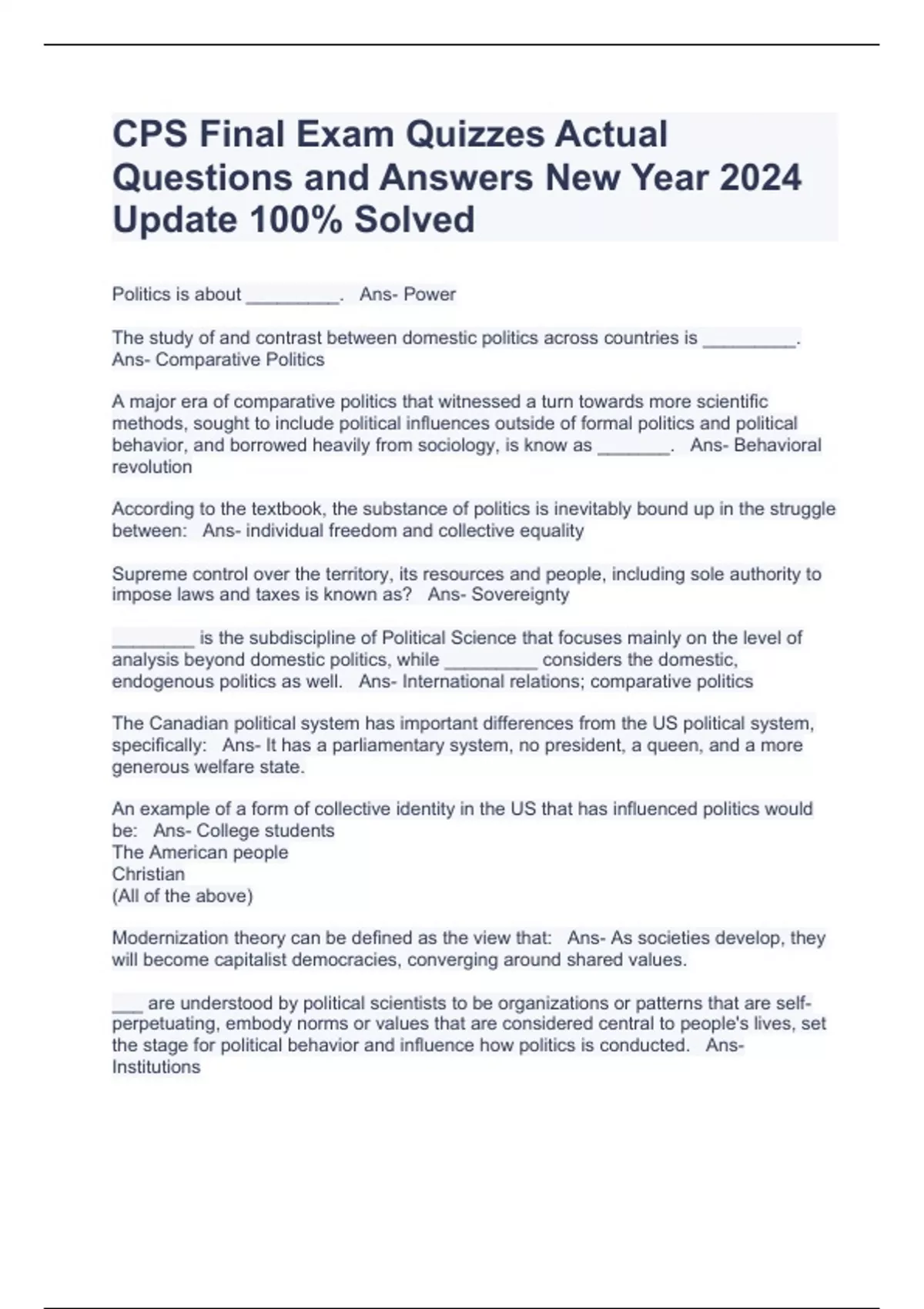 CPS Final Exam Quizzes Actual Questions and Answers New Year 2024 ...