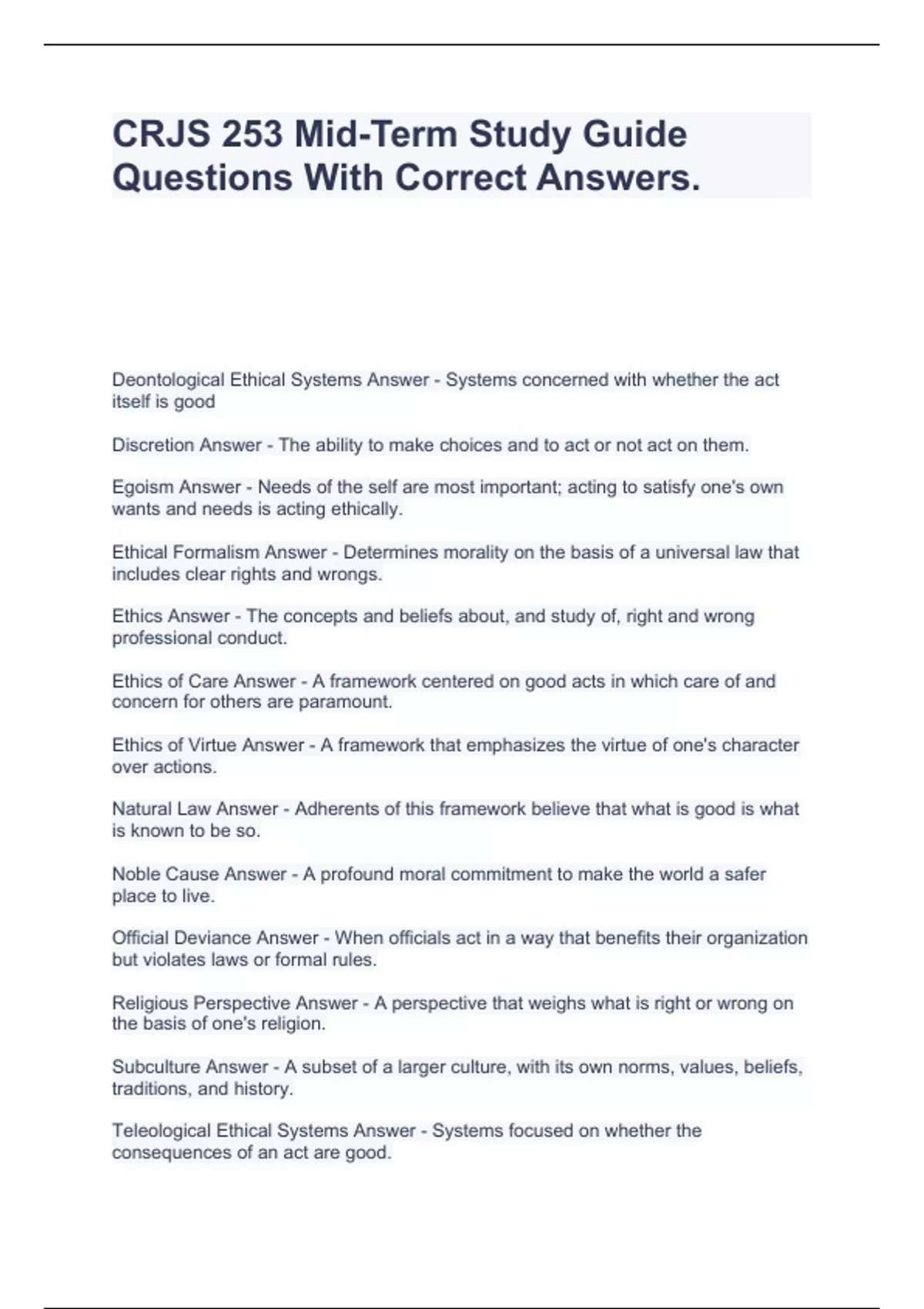CRJS 253 Mid-Term Study Guide Questions With Correct Answers. - CRJS 253 - Stuvia US