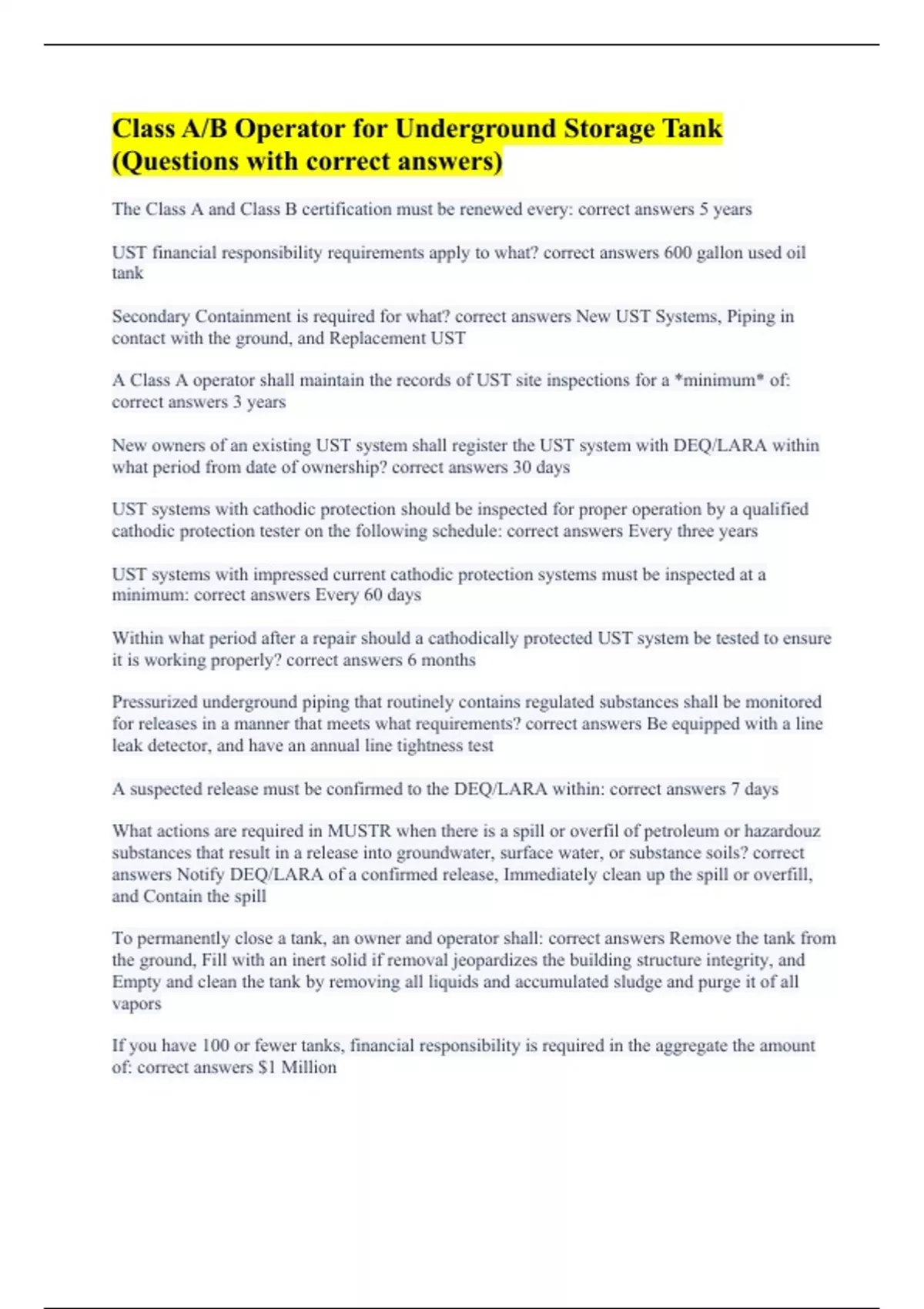 Class A/B Operator for Underground Storage Tank (Questions with correct ...