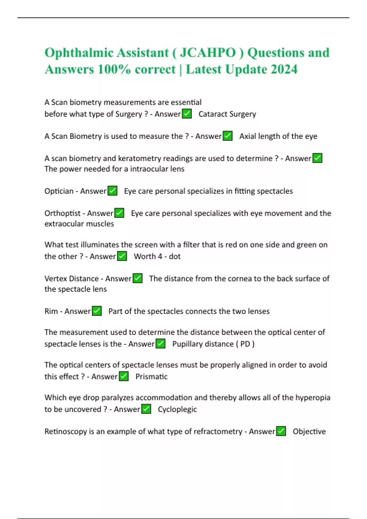 Ophthalmic Assistant ( JCAHPO ) Questions and Answers 100% correct ...