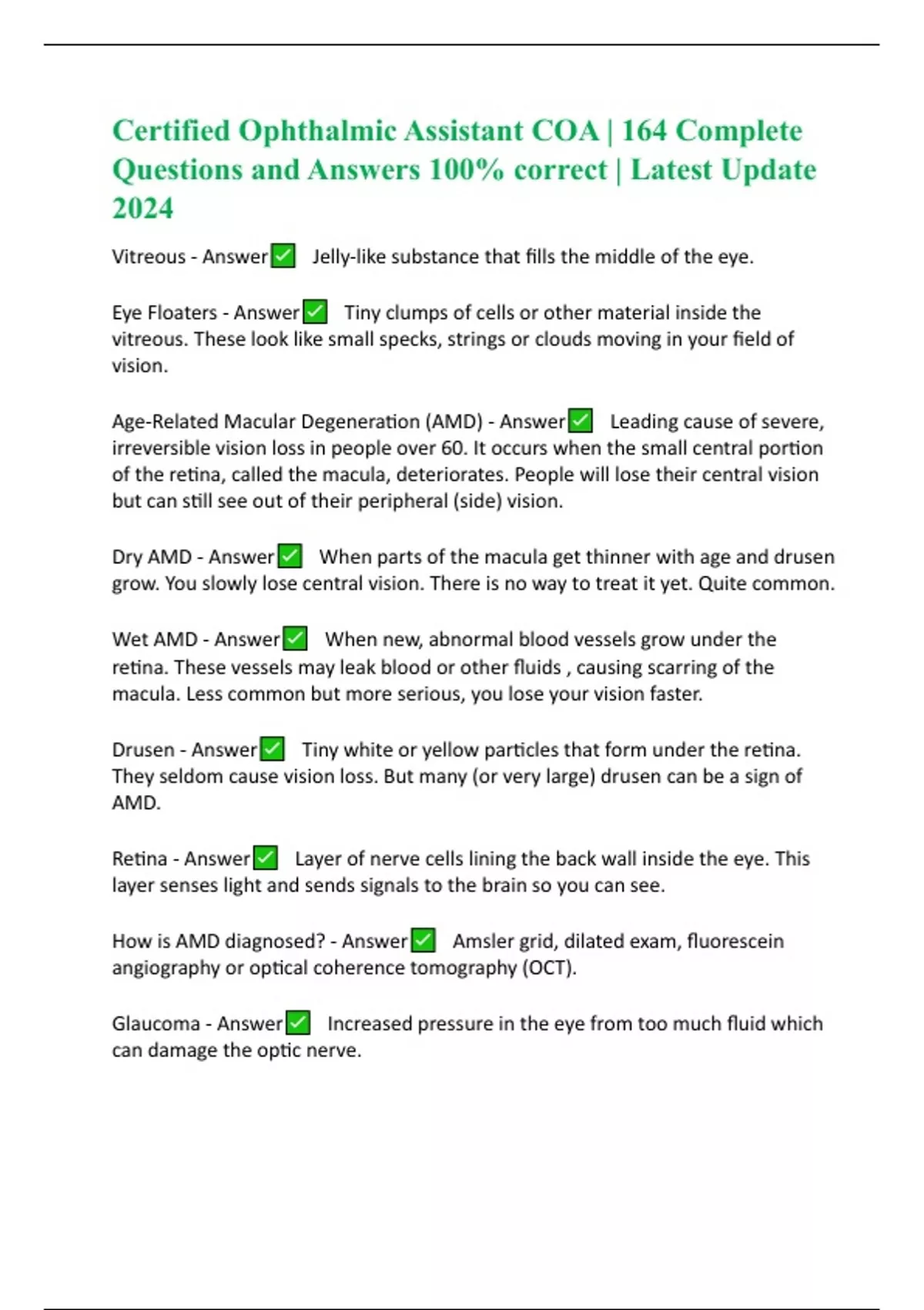 Certified Ophthalmic Assistant COA | 164 Complete Questions and Answers ...