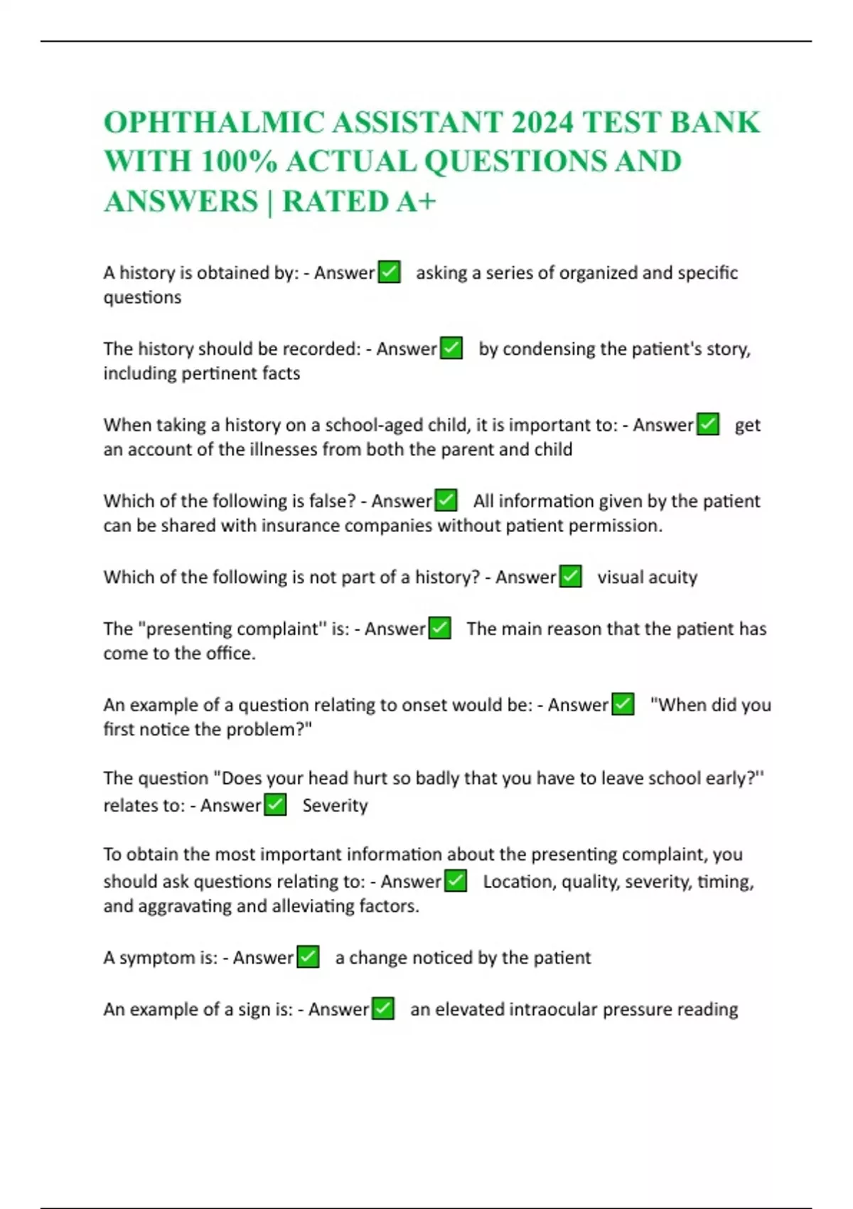 OPHTHALMIC ASSISTANT 2024 TEST BANK WITH 100% ACTUAL QUESTIONS AND ...
