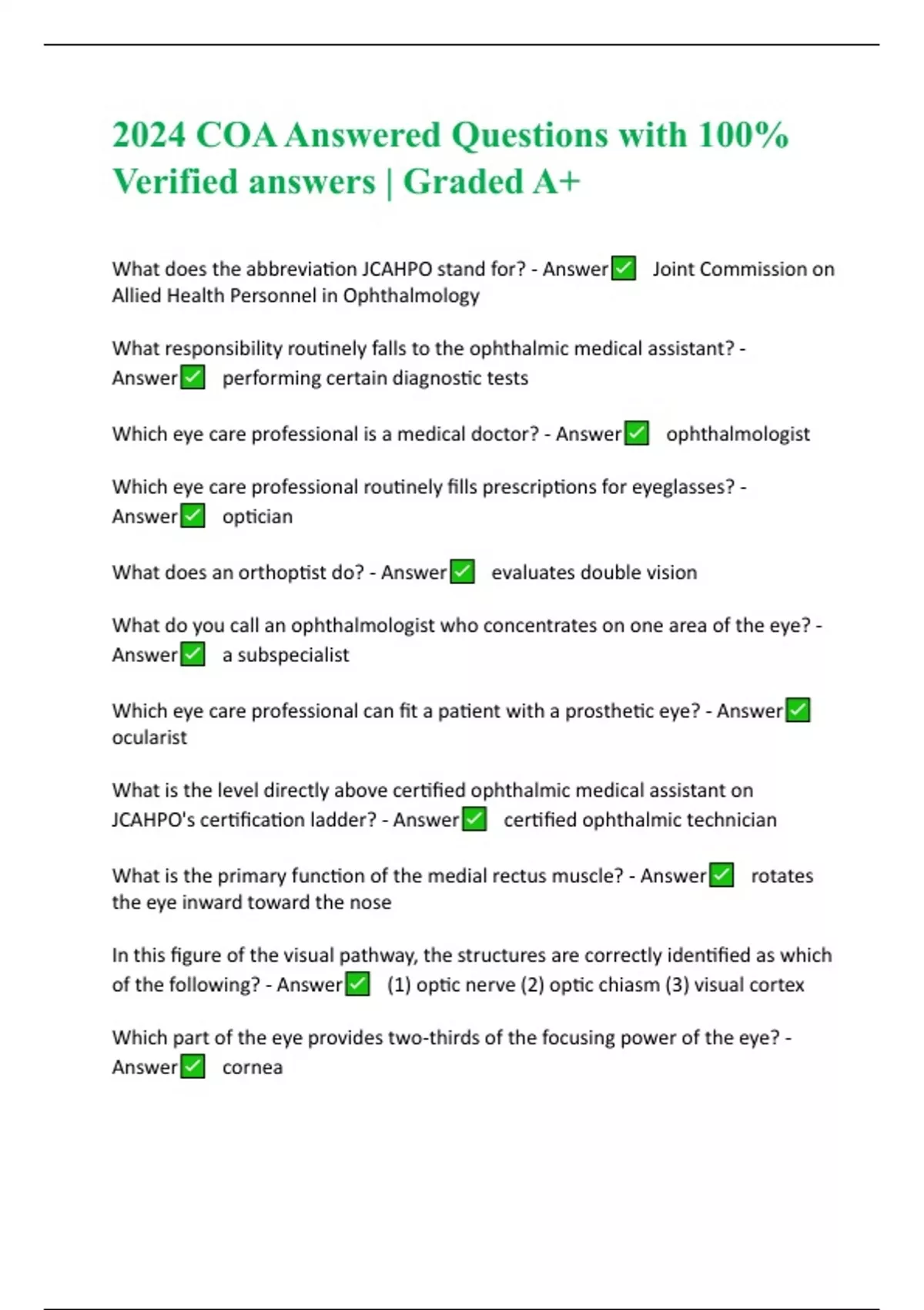 2024 COA Answered Questions with 100% Verified answers | Graded A+ - COA - Stuvia US