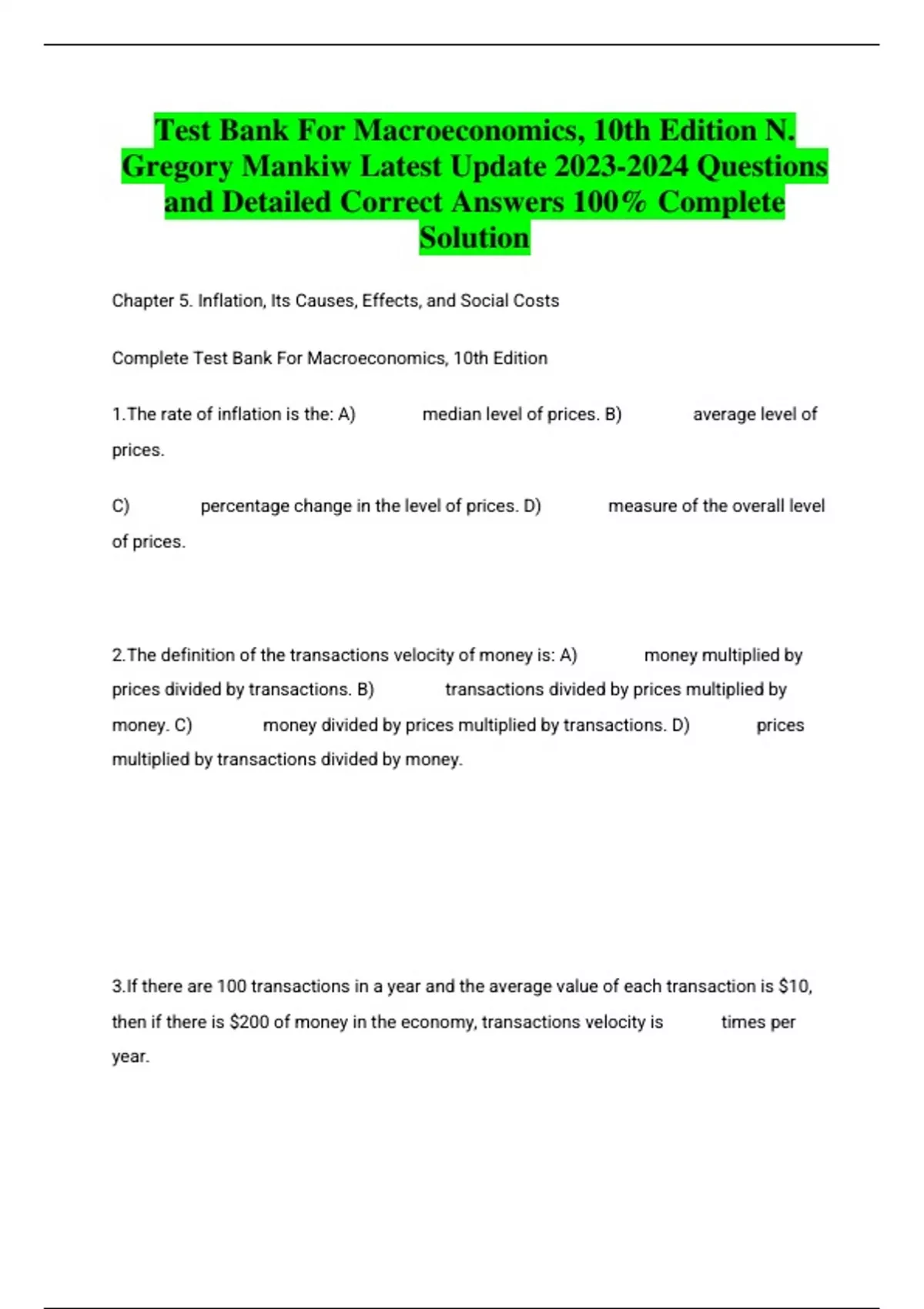 Test Bank For Macroeconomics, 10th Edition N. Gregory Mankiw Latest ...