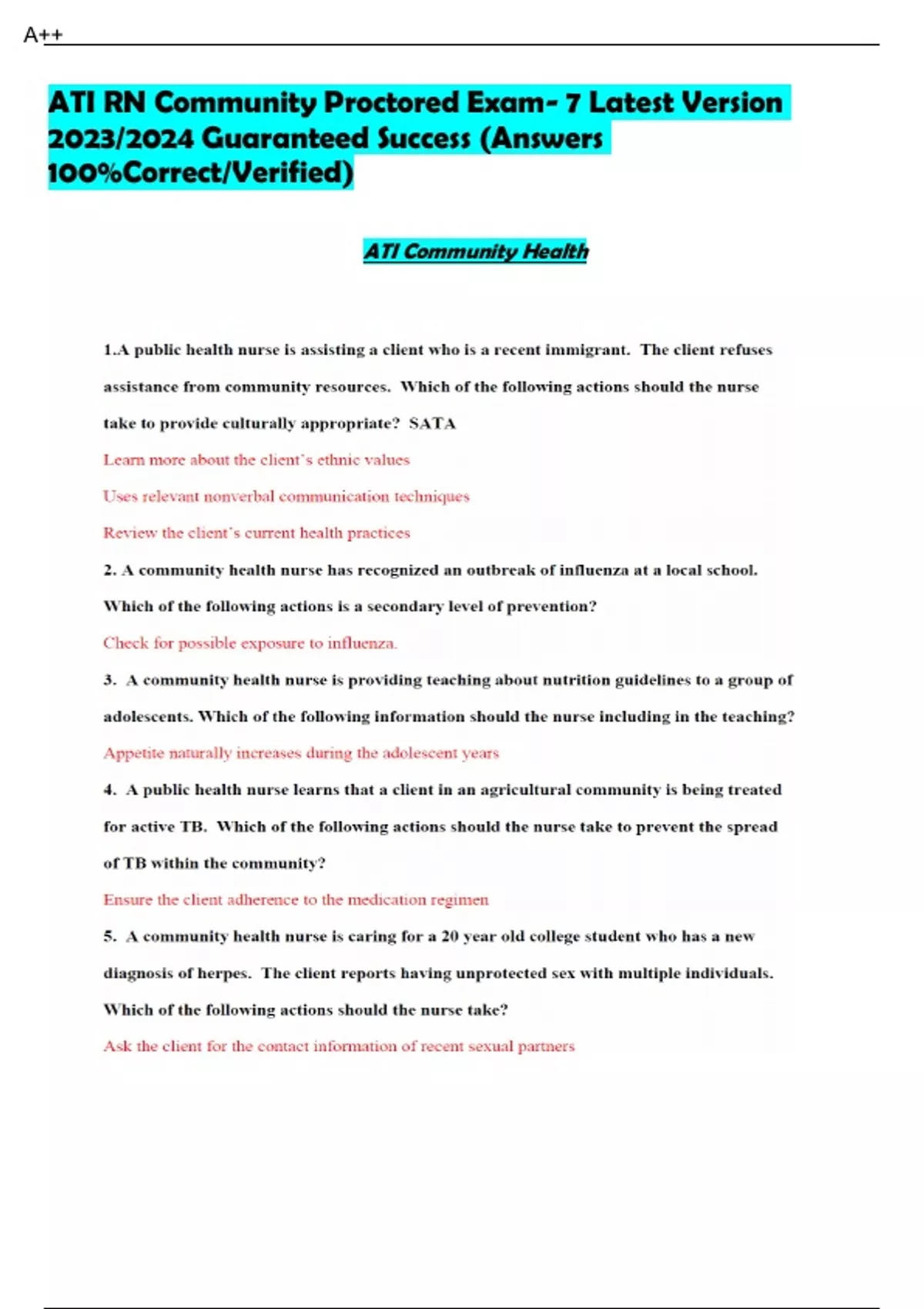 ATI RN Community Proctored Exam- 7 Latest Version 2023/2024 Guaranteed ...