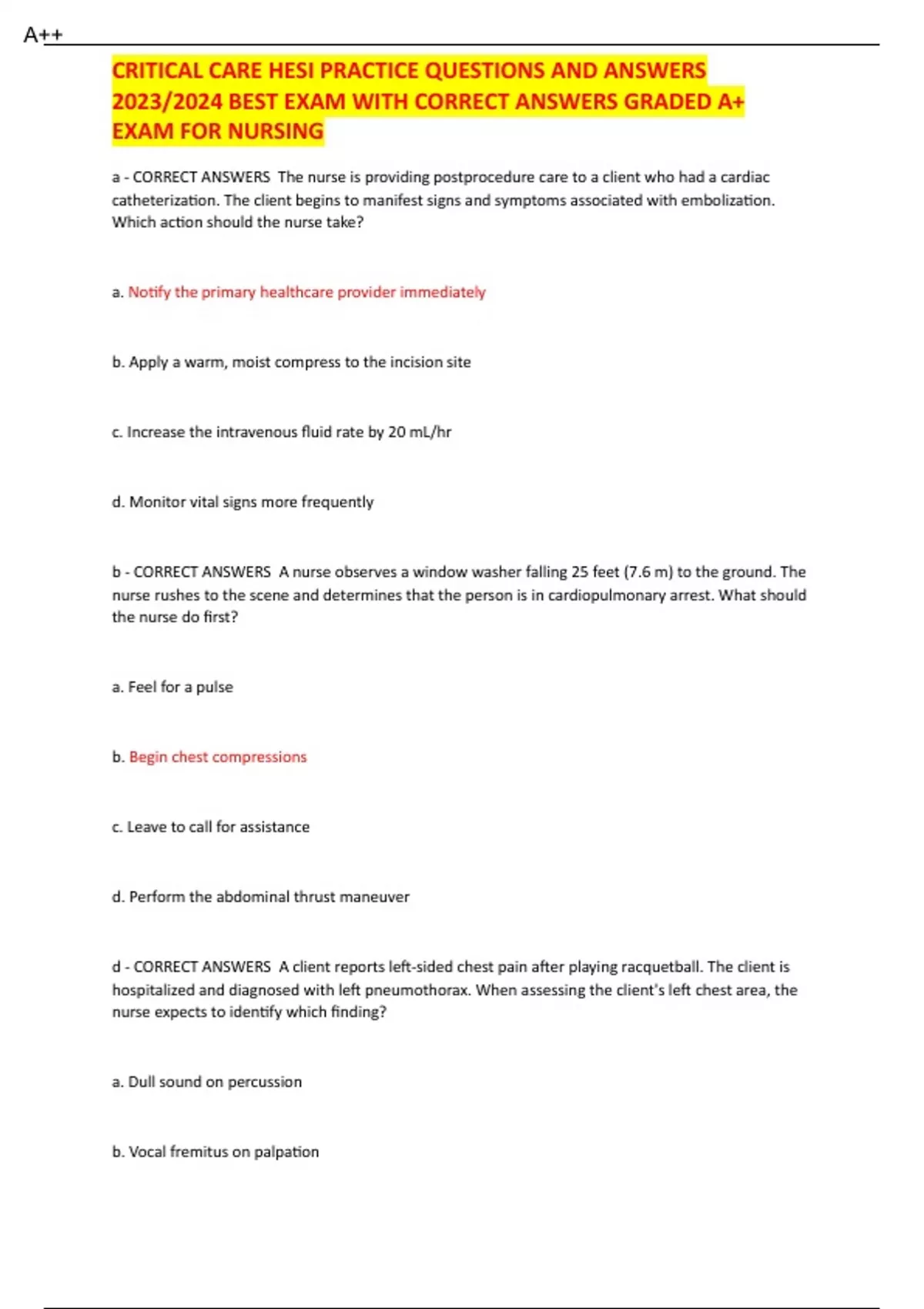 CRITICAL CARE HESI PRACTICE QUESTIONS AND ANSWERS 2023/2024 BEST EXAM ...
