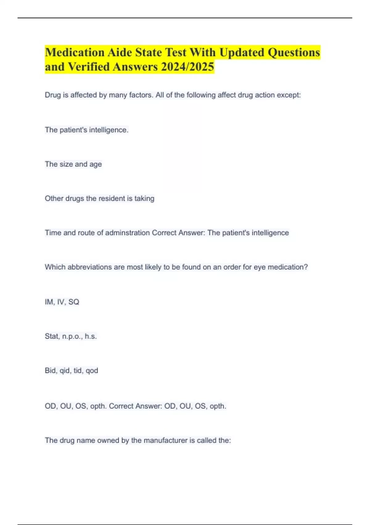 Medication Aide State Test With Updated Questions and Verified Answers ...