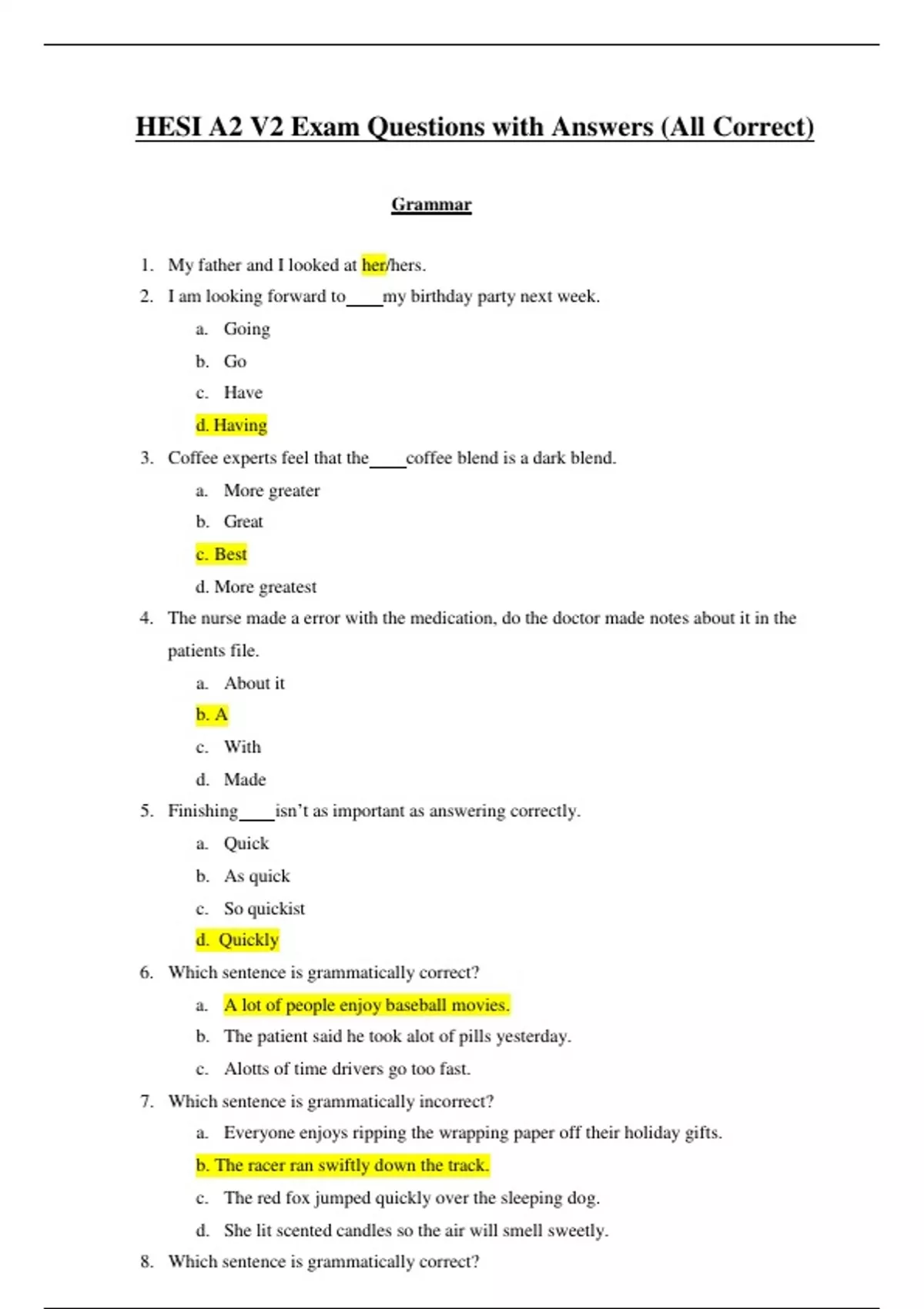 HESI A2 V2 QUESTIONS AND ANSWERS GRAMMAR, VOCABULARY, READING ...