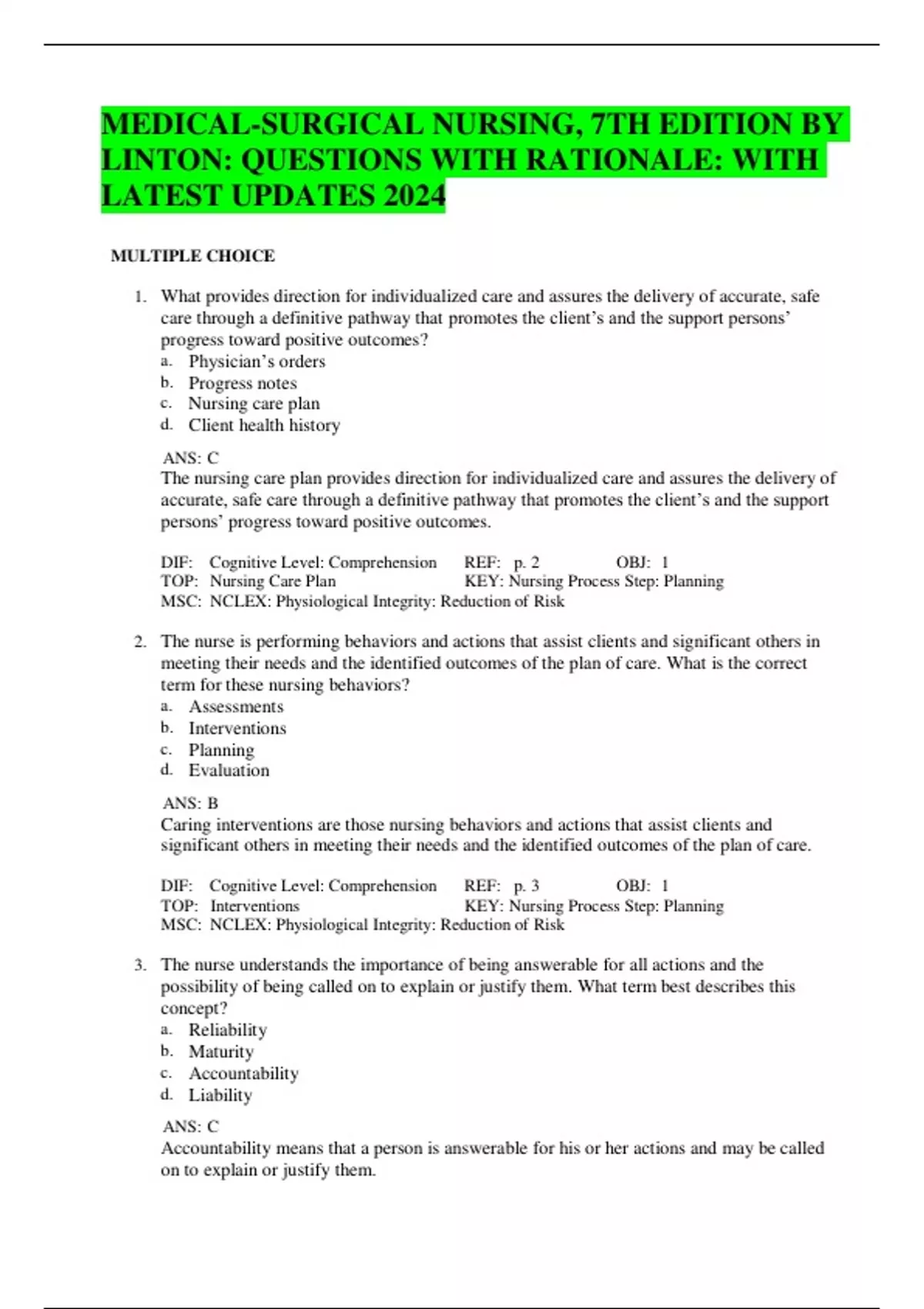 MEDICAL-SURGICAL NURSING, 7TH EDITION BY LINTON: QUESTIONS WITH ...