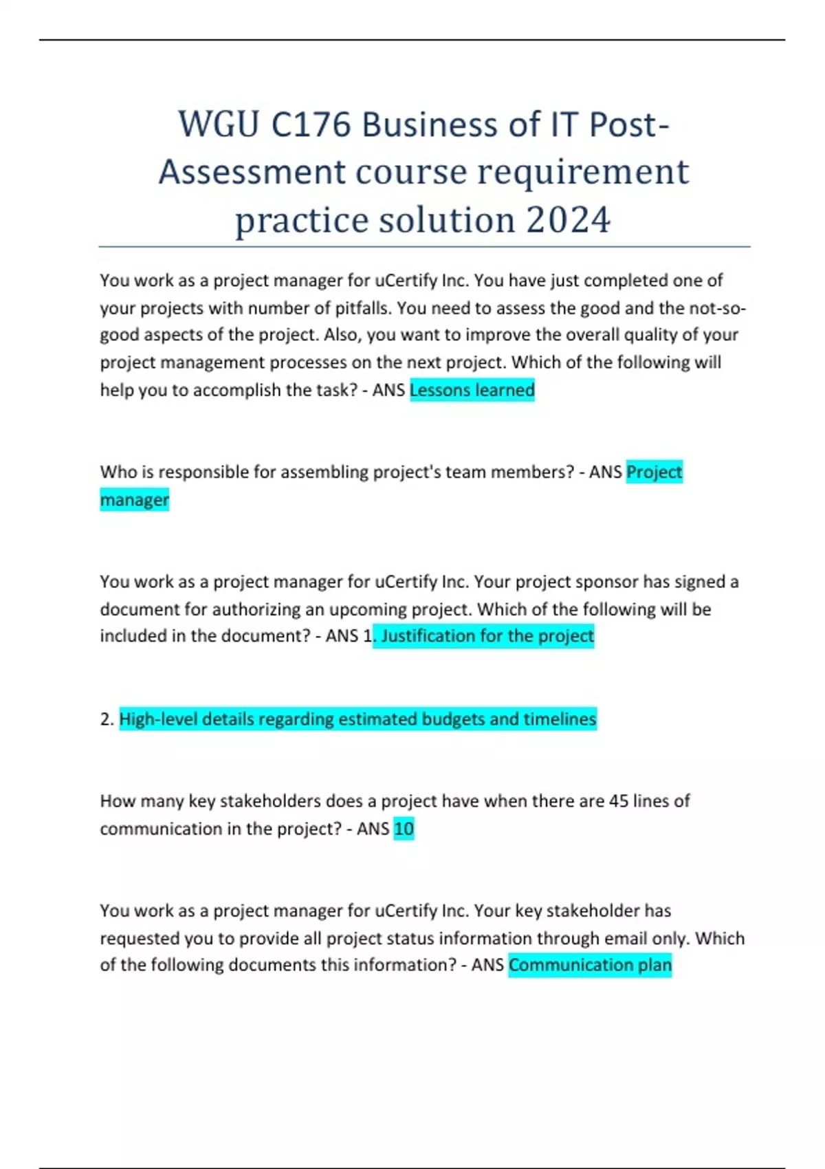 WGU C176 Business of IT Post-Assessment course requirement practice ...