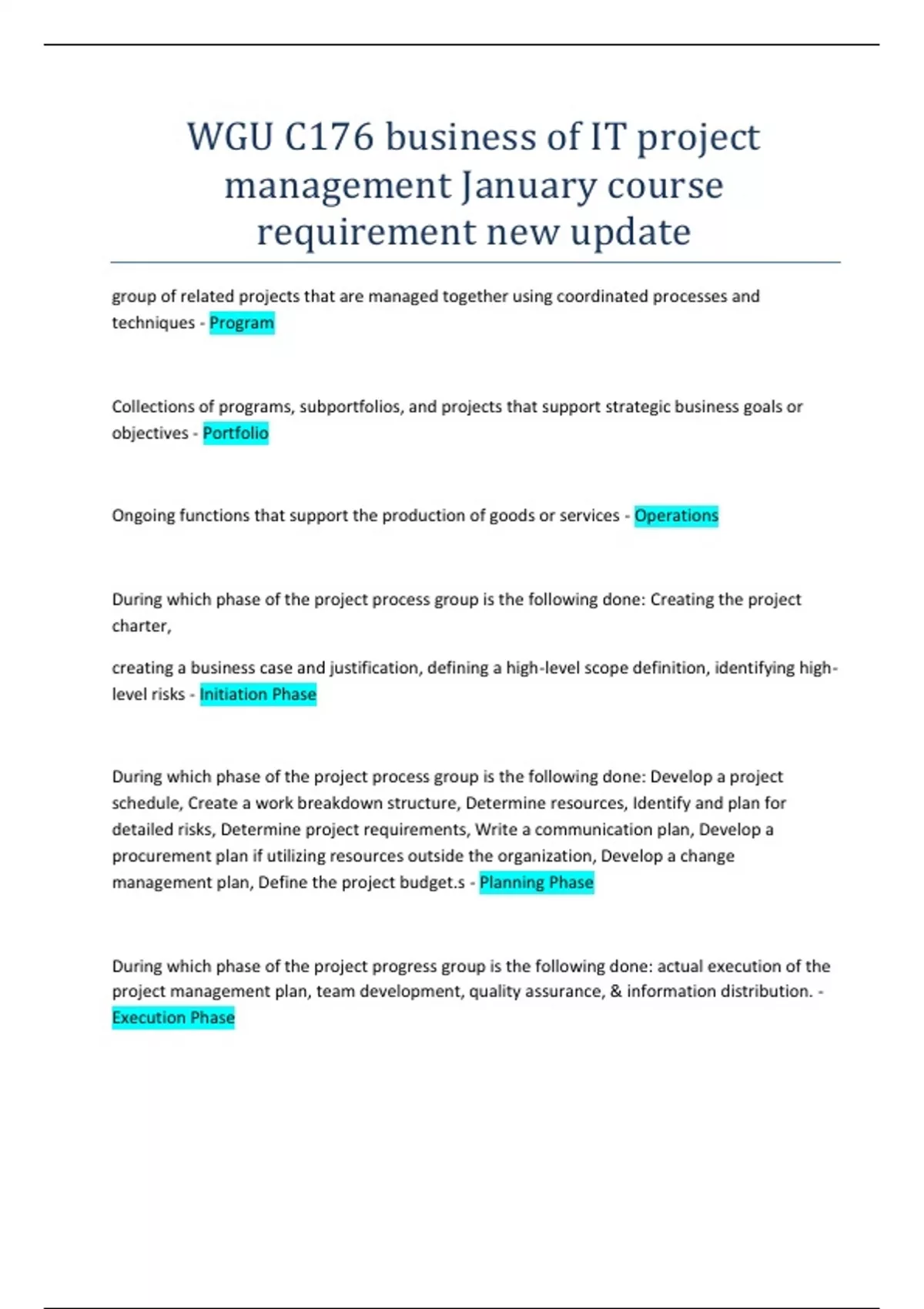 WGU C176 business of IT project management January course requirement new update - WGU C176 ...