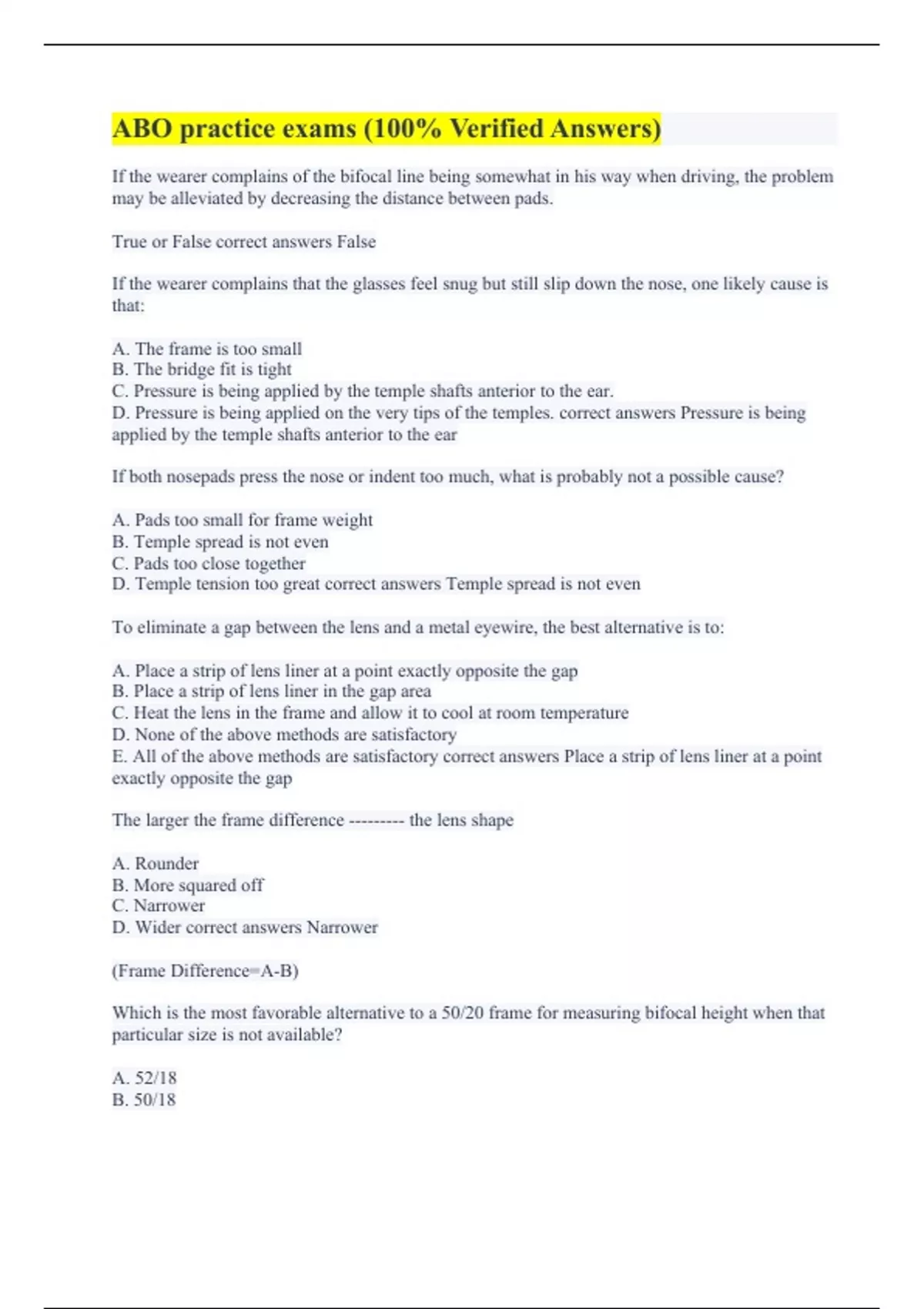 ABO practice exams (100% Verified Answers) - ABO practice - Stuvia US