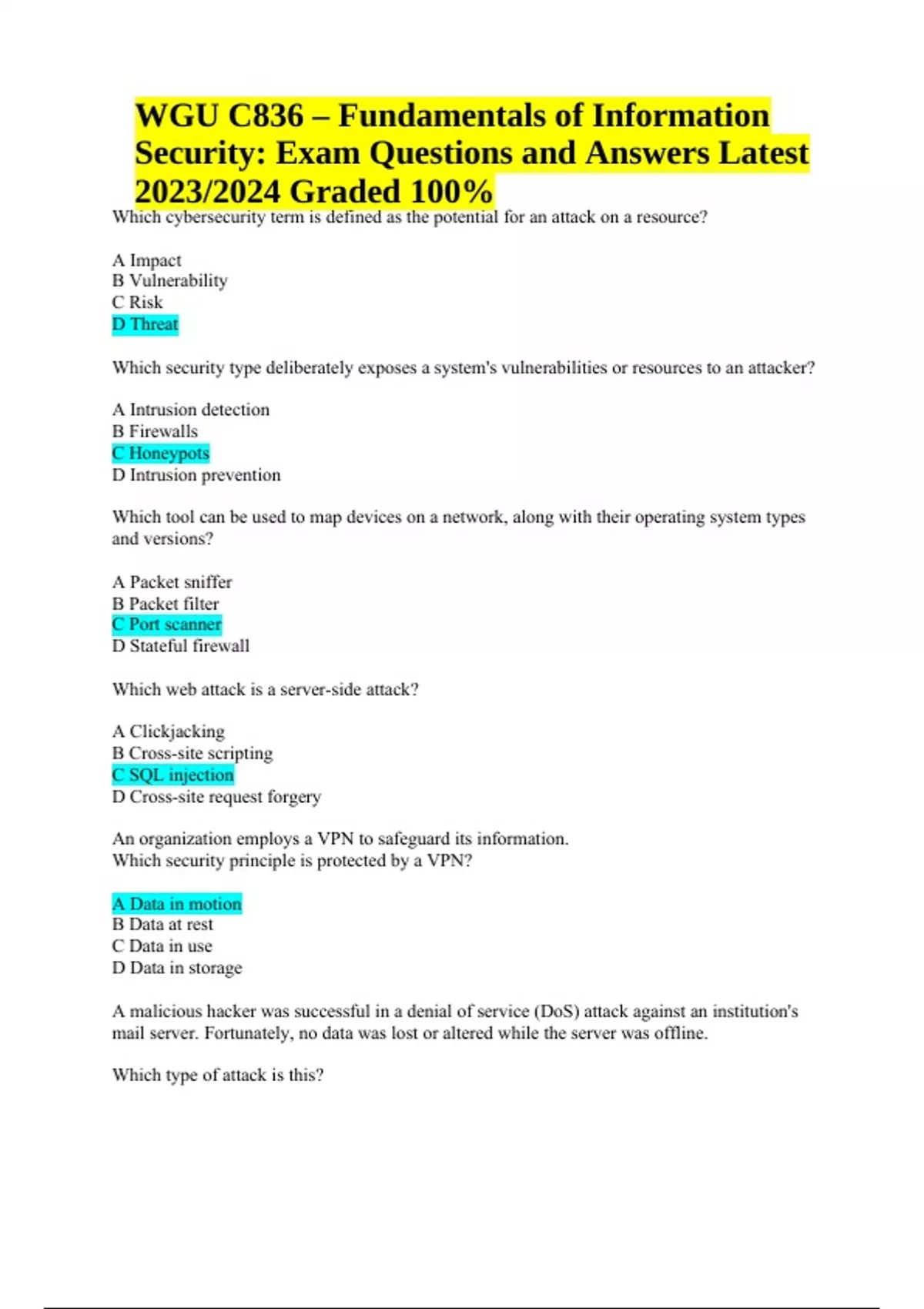 Wgu C836 Fundamentals Of Information Security Final Exam Questions