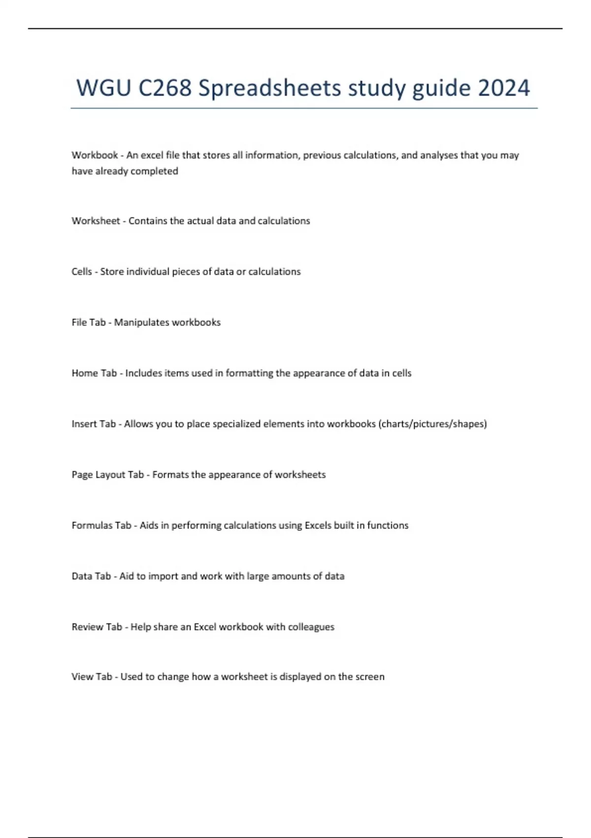 WGU C268 Spreadsheets study guide 2024 - WGU C268 Spreadsheets - Stuvia US