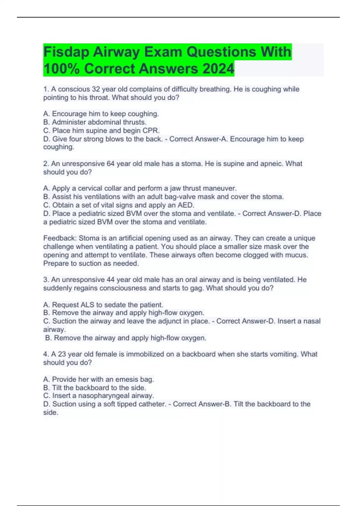 Fisdap Airway Exam Questions With 100% Correct Answers 2024 - Fisdap ...