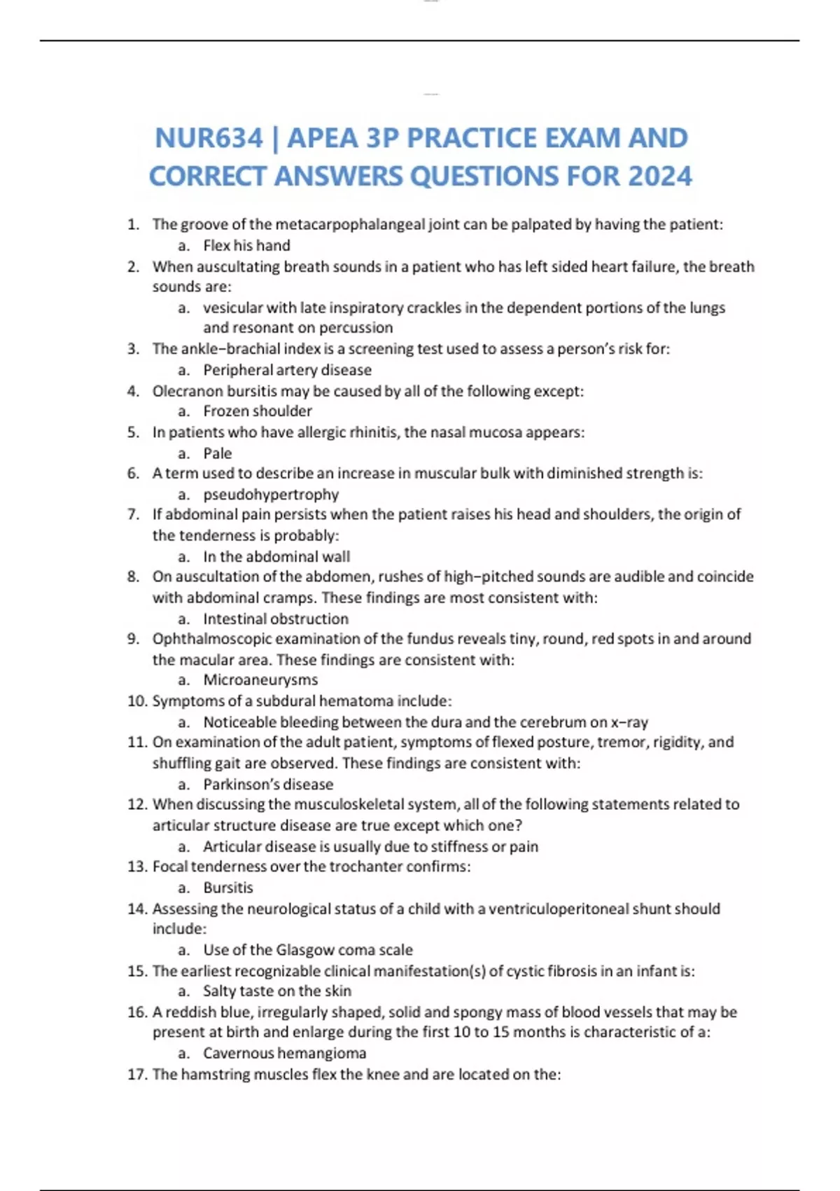 NUR634 | APEA 3P PRACTICE EXAM AND CORRECT ANSWERS QUESTIONS FOR 2024 ...