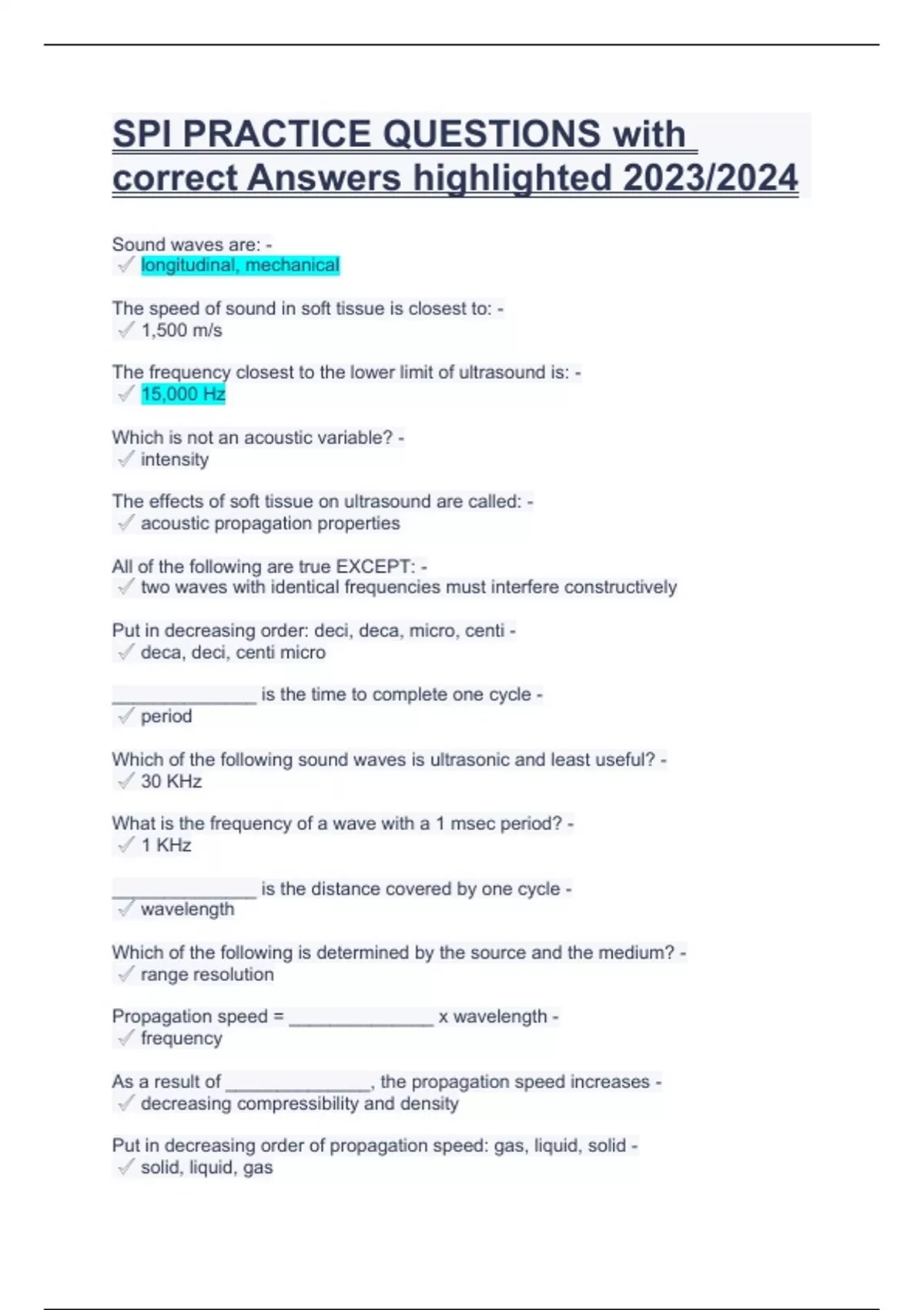 SPI PRACTICE QUESTIONS with correct Answers highlighted 2023. - Nursing ...