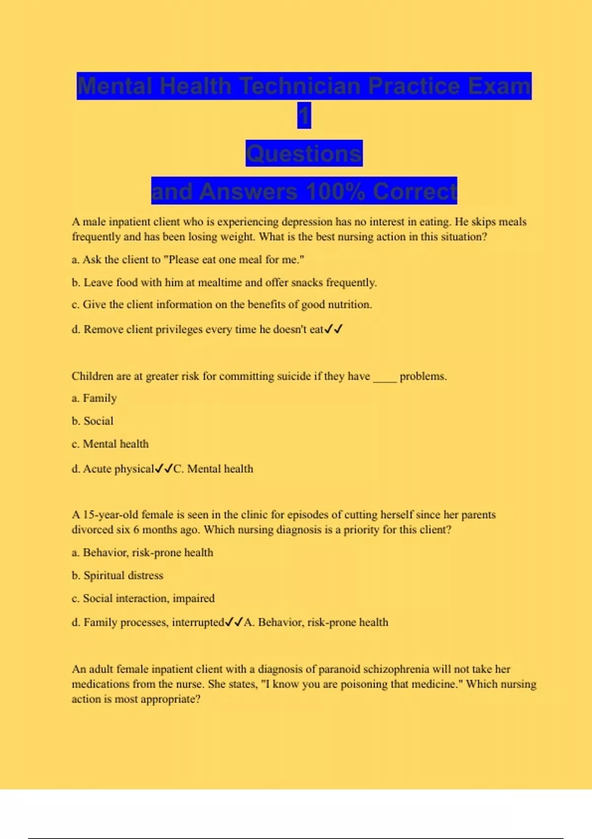 Mental Health Technician Practice Exam 1 Questions and Answers 100% ...