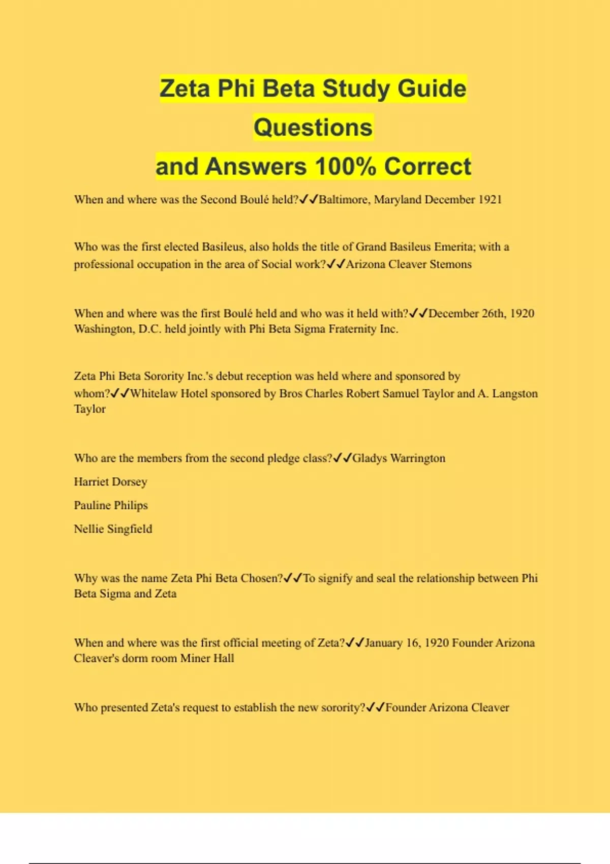 Zeta Phi Beta Study Guide Questions and Answers 100% Correct - ZETA ...