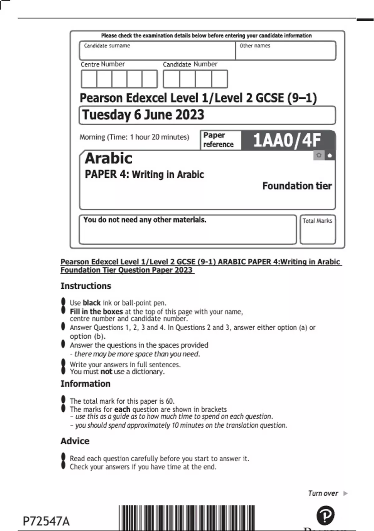 Pearson Edexcel Level 1/Level 2 GCSE (9-1) ARABIC PAPER 4:Writing in ...