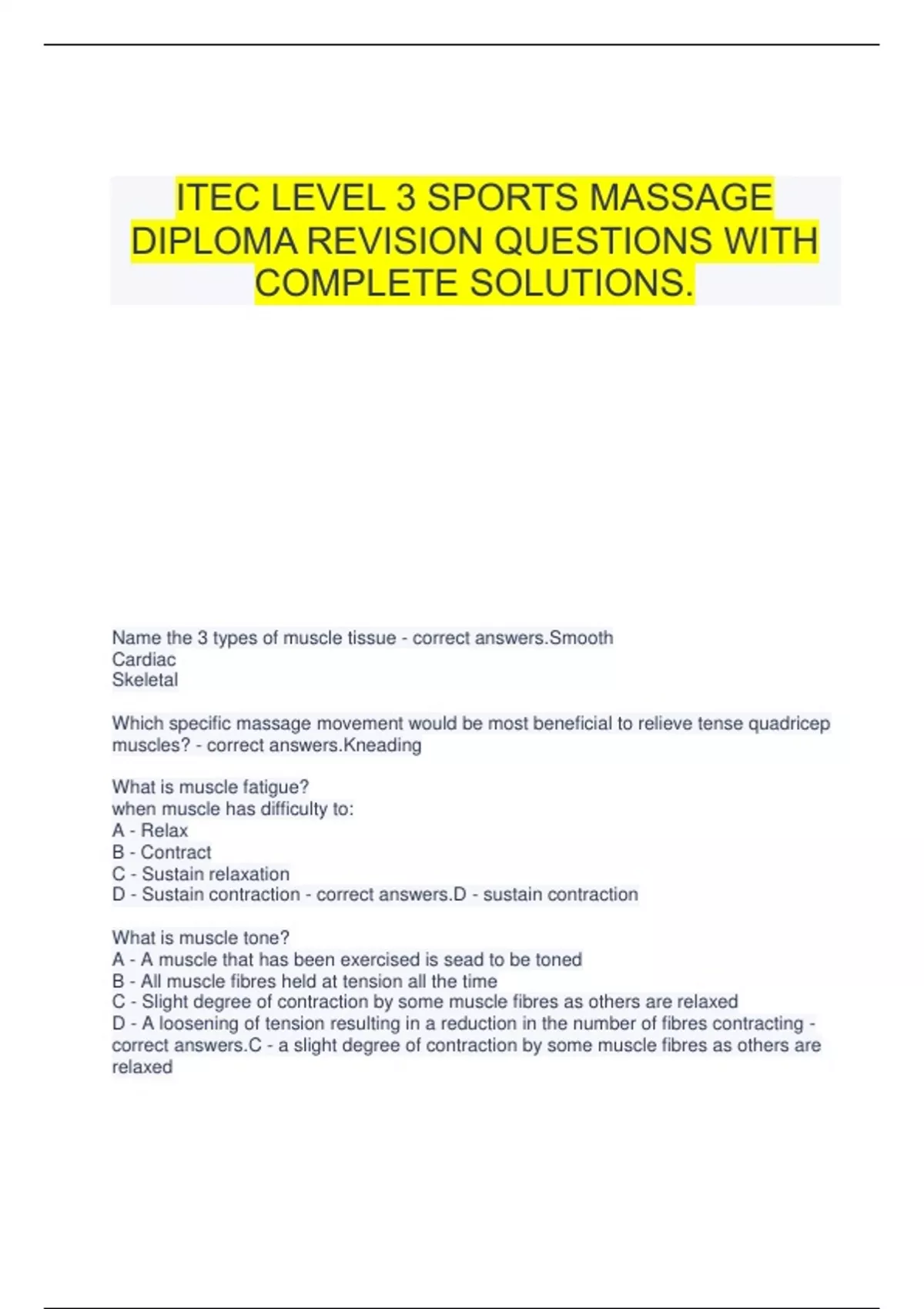 ITEC LEVEL 3 SPORTS MASSAGE DIPLOMA REVISION QUESTIONS WITH COMPLETE ...