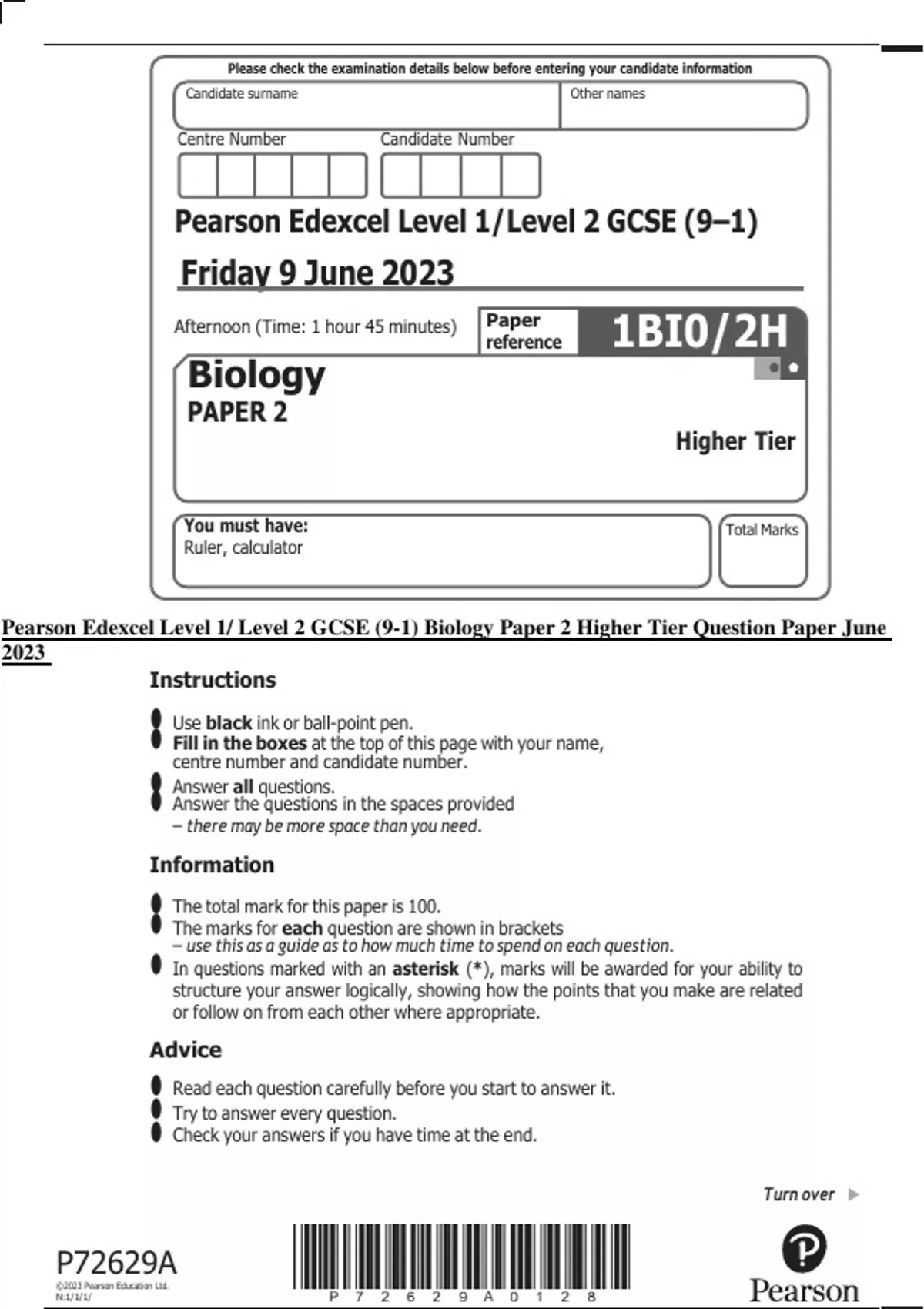 Pearson Edexcel Level 1/ Level 2 GCSE (9-1) Biology Paper 2 Higher Tier ...