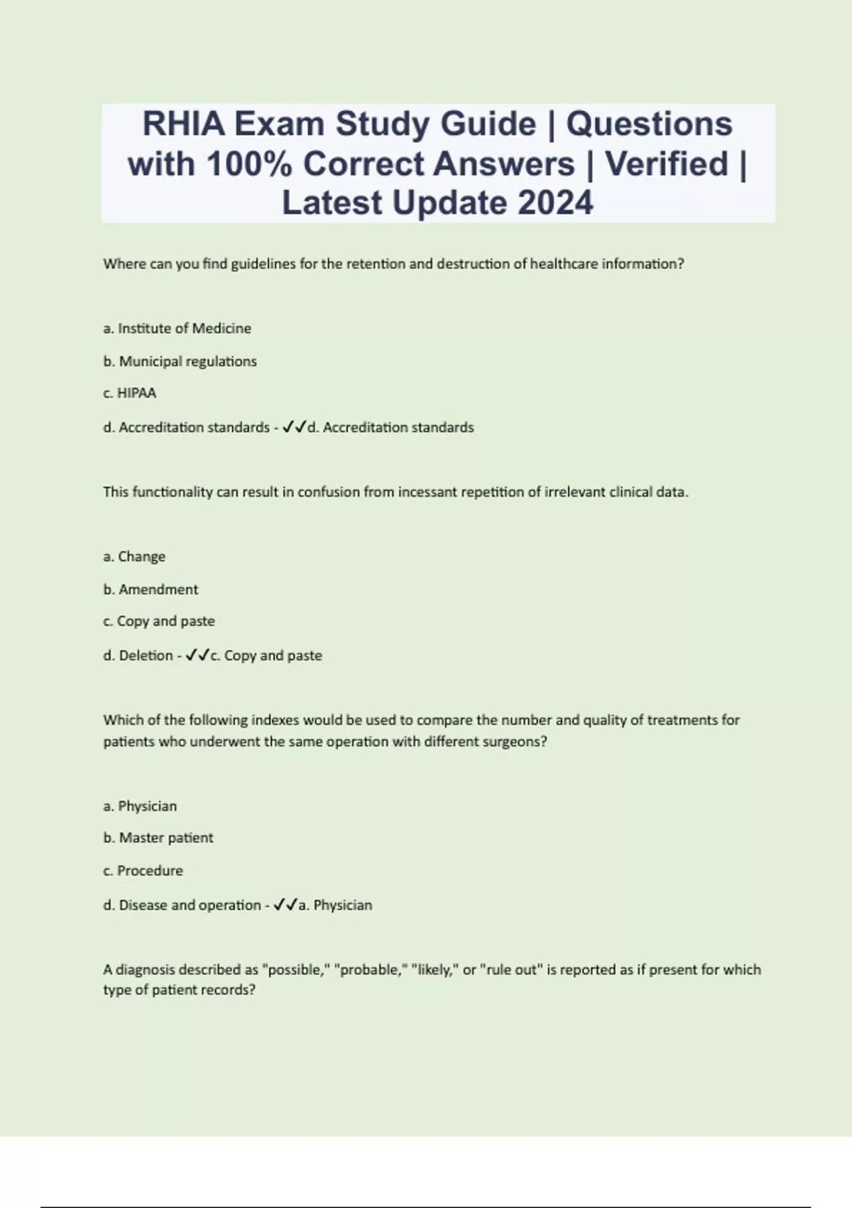 RHIA Exam Study Guide | Questions with 100% Correct Answers | Verified ...