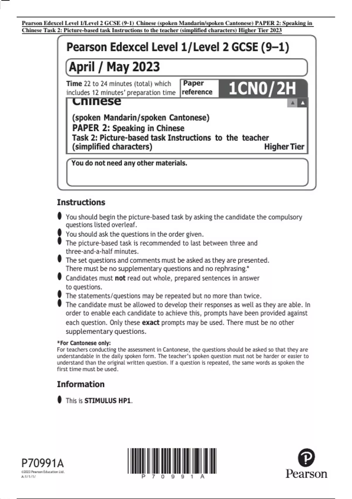 Pearson Edexcel Level 1/Level 2 GCSE (9–1) Chinese (spoken Mandarin ...