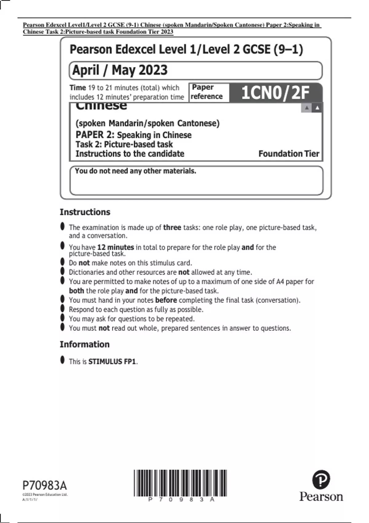 Pearson Edexcel Level1/Level 2 GCSE (9-1) Chinese (spoken Mandarin ...