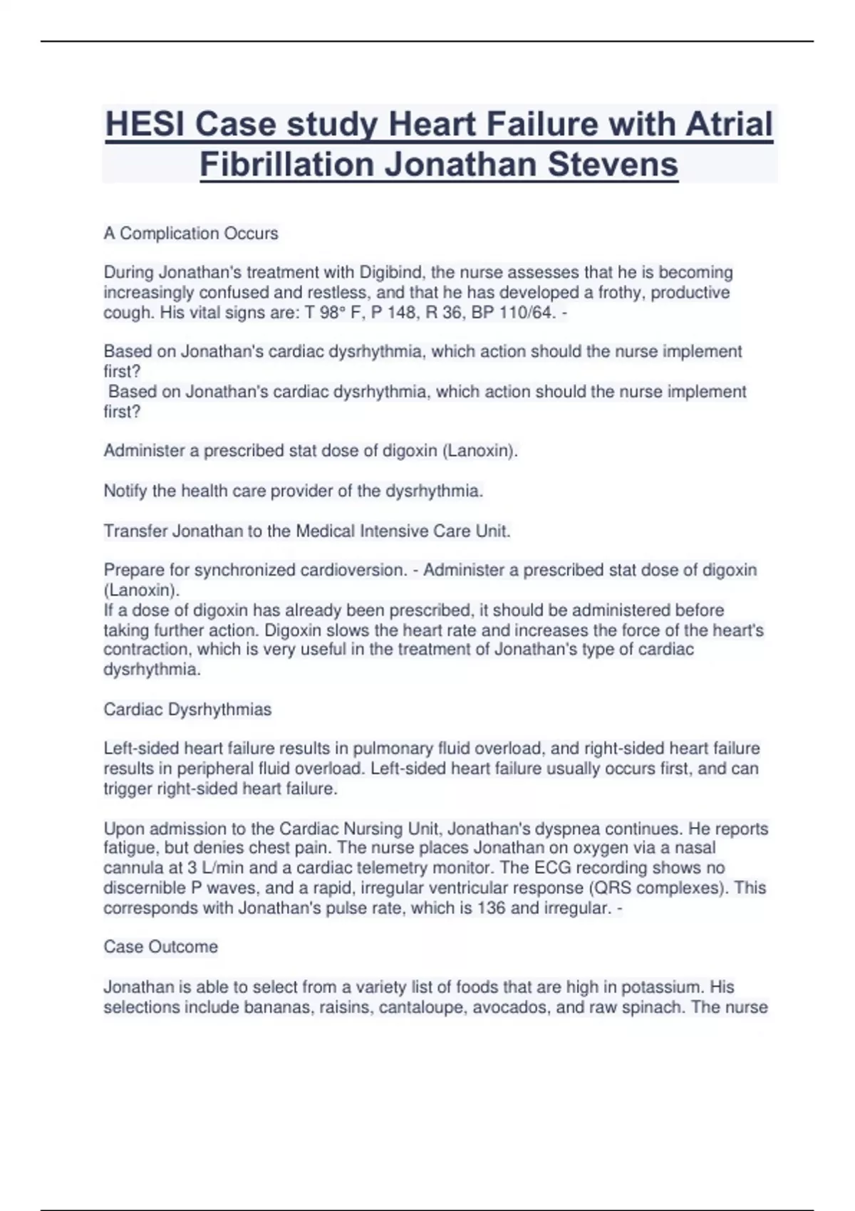 HESI Case study Heart Failure with Atrial Fibrillation Jonathan Stevens - HESI Case study Heart ...