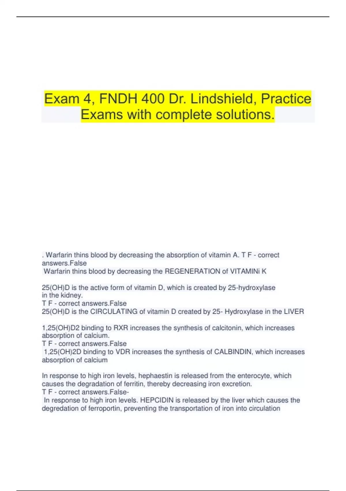Exam 4, FNDH 400 Dr. Lindshield, Practice Exams with complete solutions ...