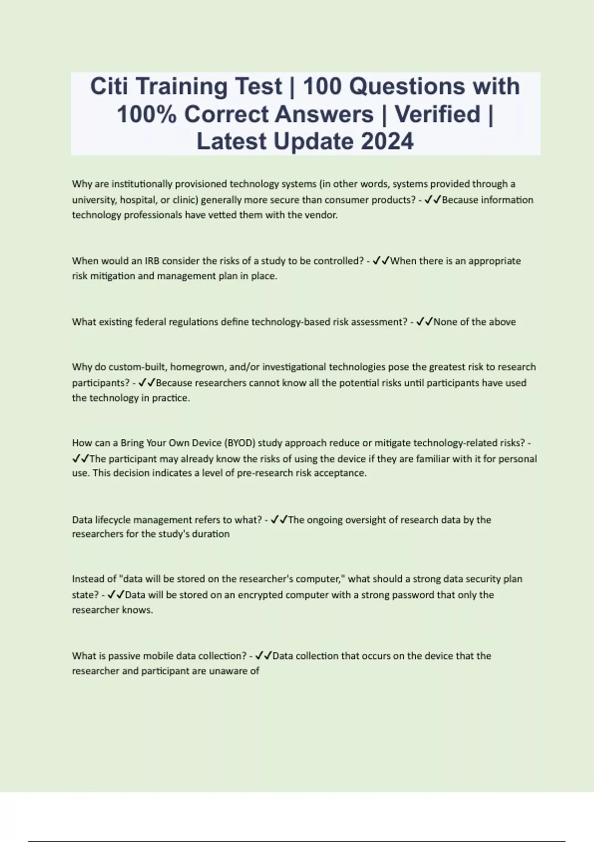 Citi Training Test | 100 Questions with 100% Correct Answers | Verified ...