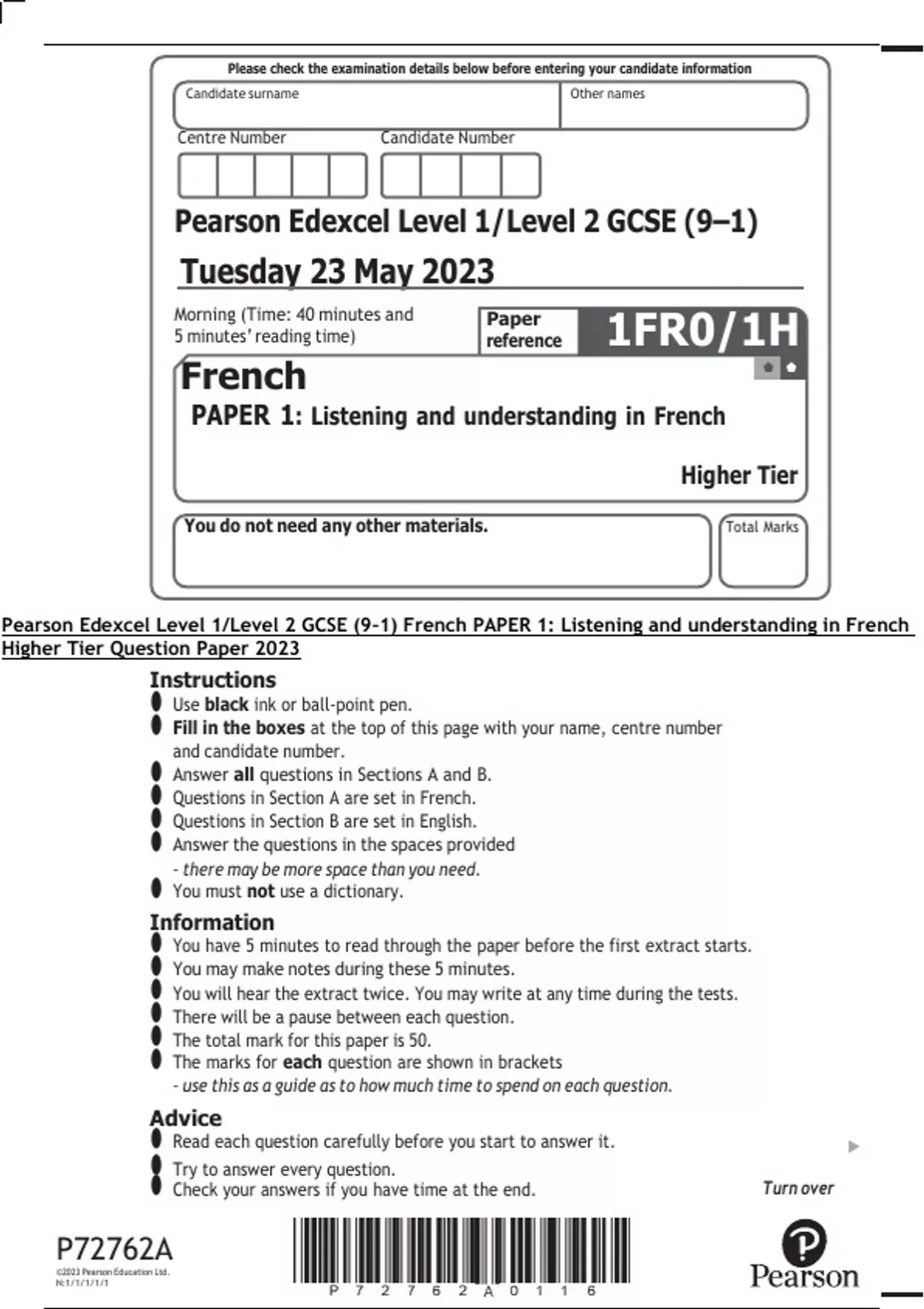 Pearson Edexcel Level 1/Level 2 GCSE (9–1) French PAPER 1: Listening ...