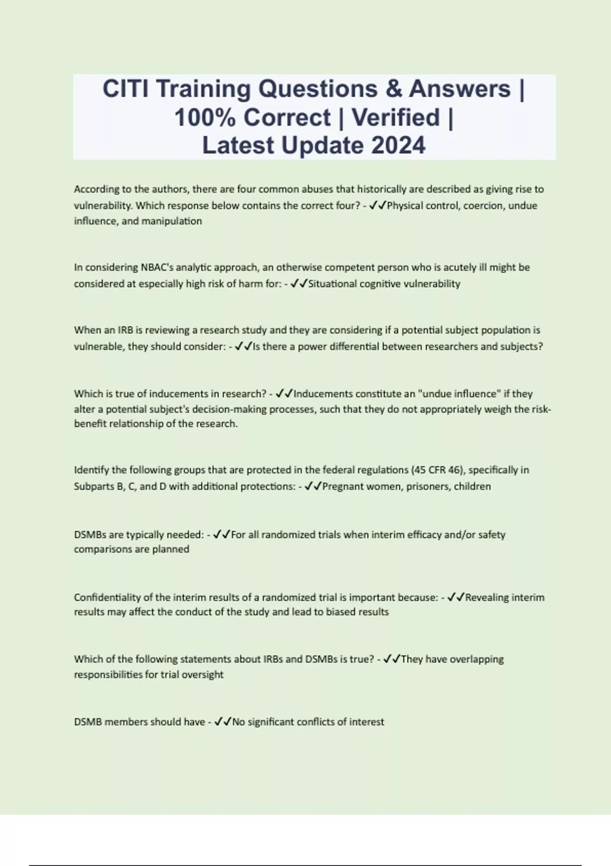 CITI Training Questions & Answers | 100% Correct | Verified | Latest ...