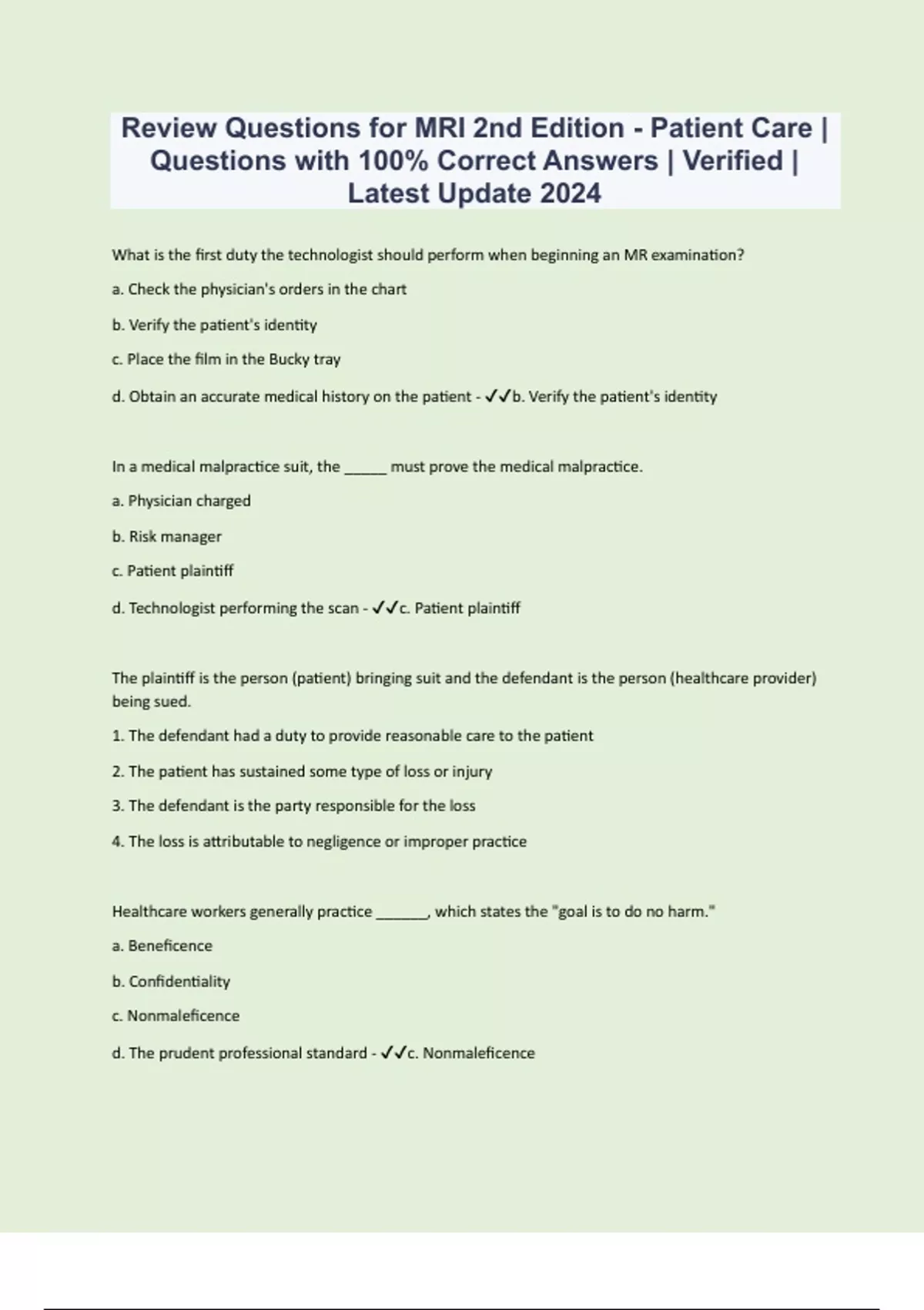 Review Questions for MRI 2nd Edition - Patient Care | Questions with 100% Correct Answers ...