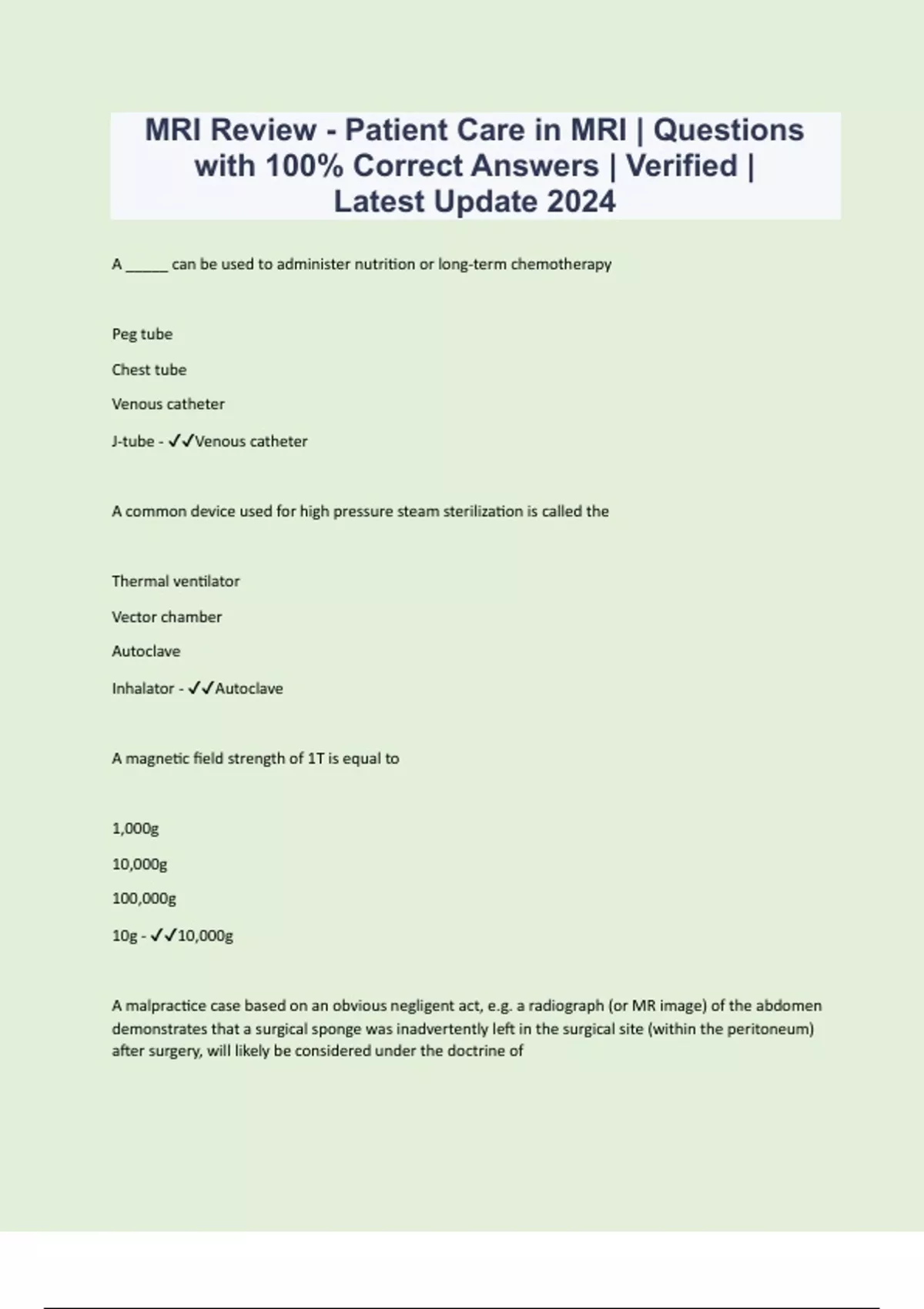 MRI Review - Patient Care in MRI | Questions with 100% Correct Answers ...