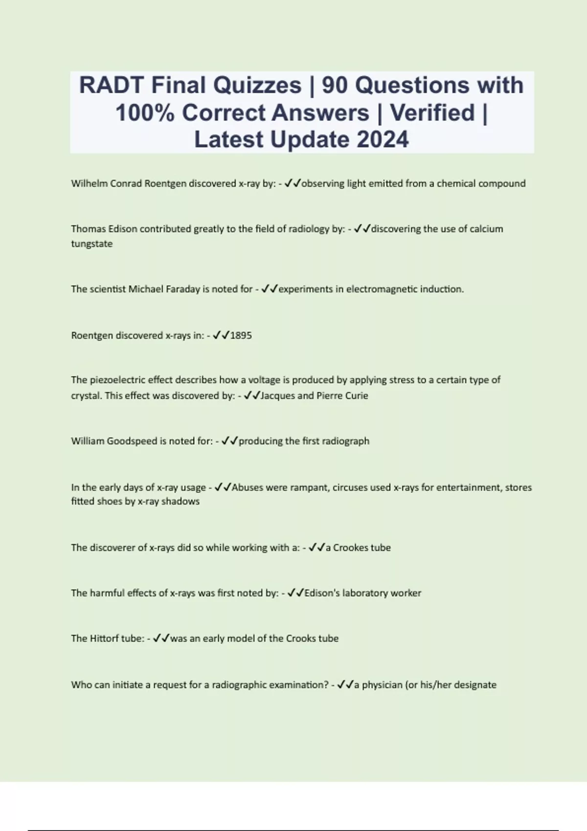 RADT Final Quizzes | 90 Questions with 100% Correct Answers | Verified ...