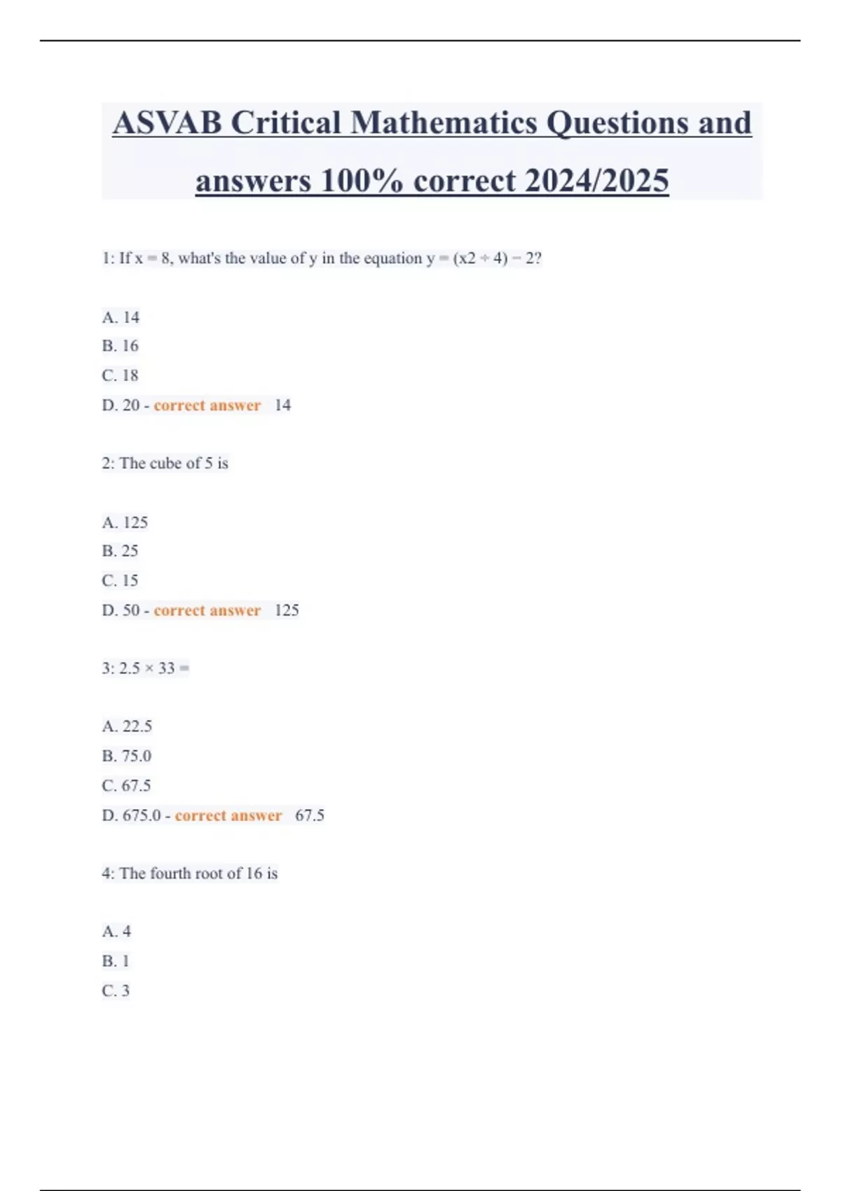 ASVAB Critical Mathematics Questions and answers 100% correct 2023/2024 ...