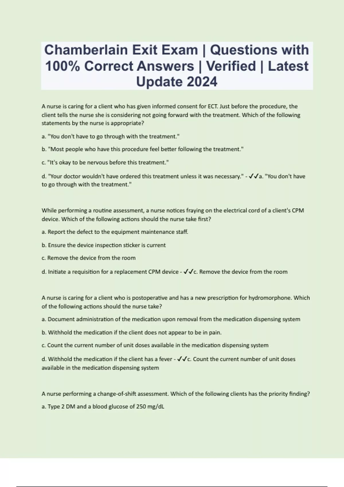 Chamberlain Exit Exam | Questions with 100% Correct Answers | Verified ...