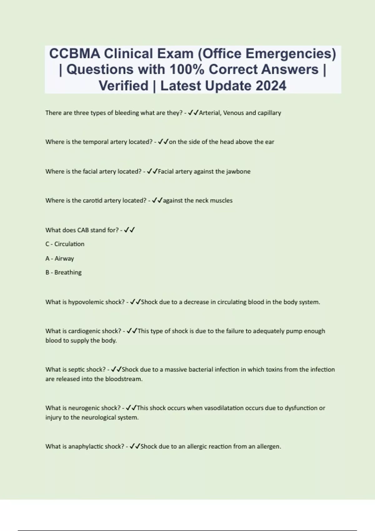 CCBMA Clinical Exam (Office Emergencies) | Questions with 100% Correct ...