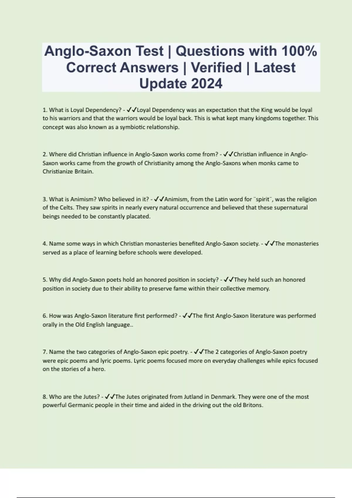 Anglo-Saxon Test | Questions with 100% Correct Answers | Verified ...