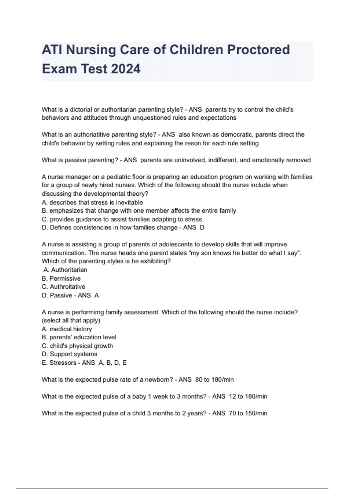 ATI Nursing Care of Children Proctored Exam Test 2024 - ****ATI RN ...