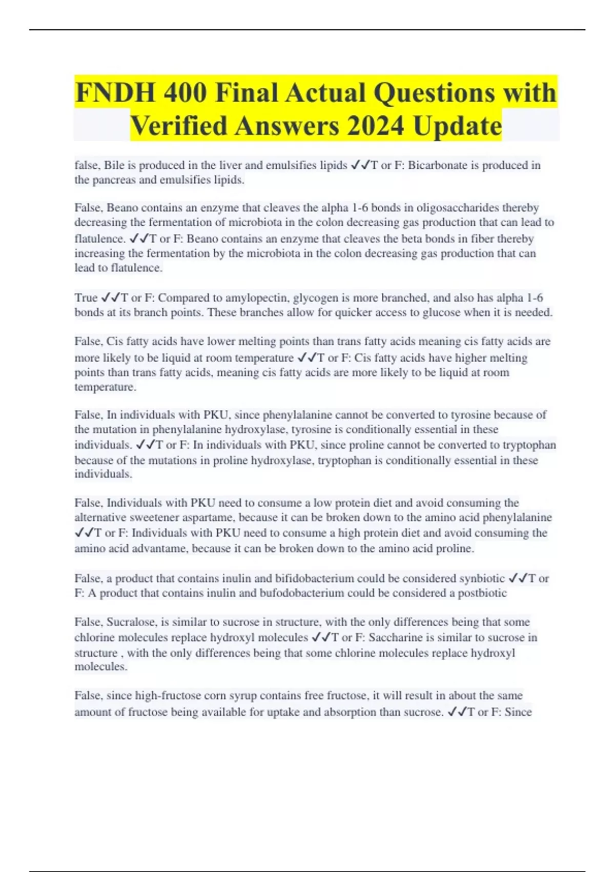 FNDH 400 Final Actual Questions with Verified Answers 2024 Update ...