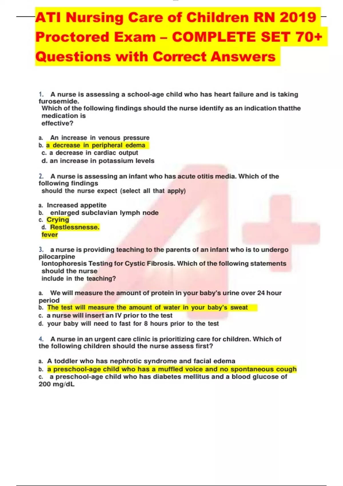 ATI Nursing Care of Children RN 2019 Proctored Exam – COMPLETE SET 70 ...