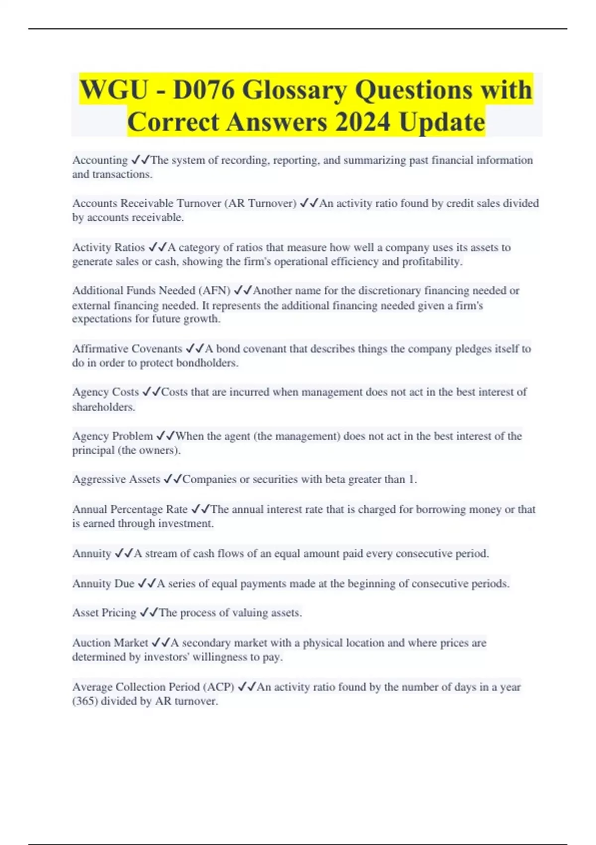 WGU - D076 Glossary Questions with Correct Answers 2024 Update - WGU D076 - Stuvia US